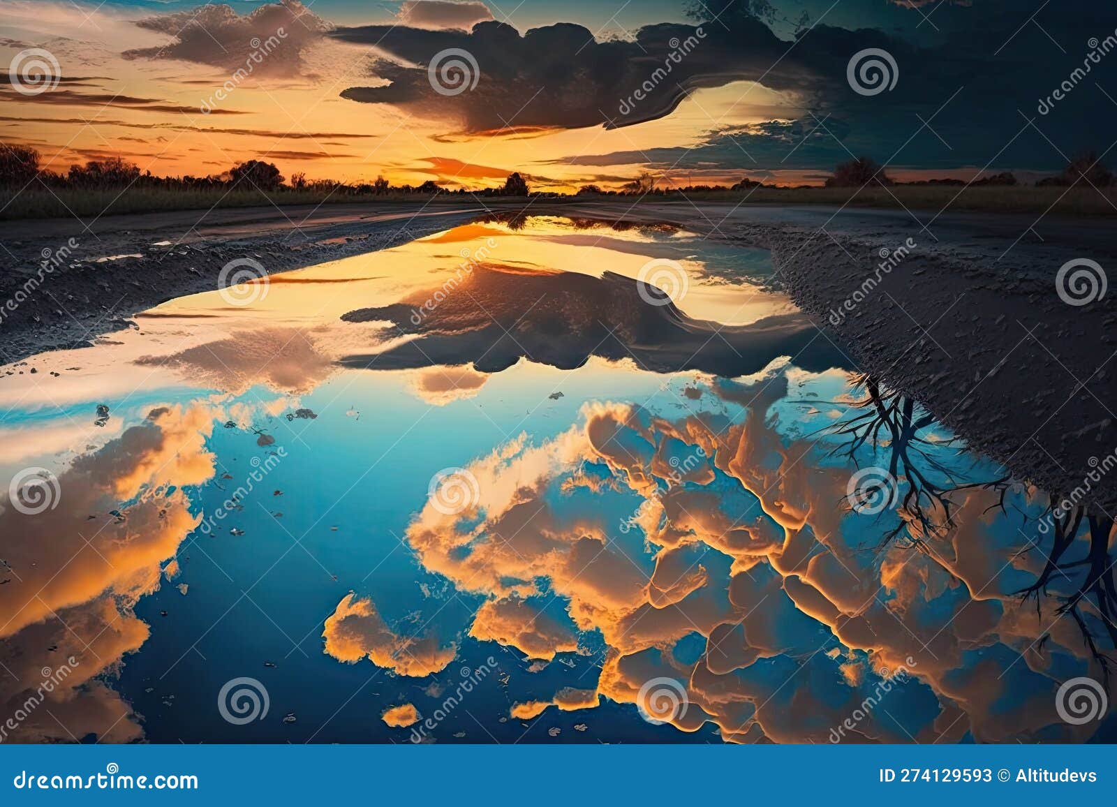 Puddle with Reflection of the Sky, Showing the Colors of the Clouds ...
