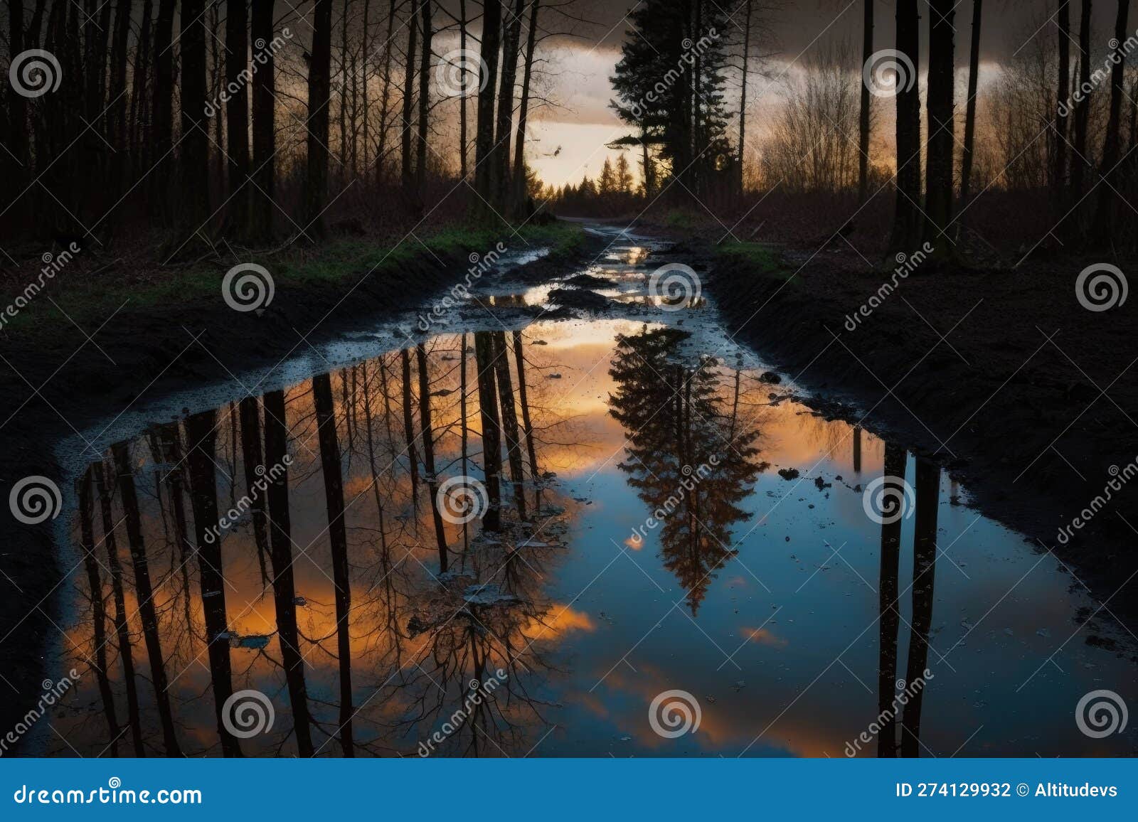 Puddle with Reflections of the Sky and Trees on a Quiet Forest Trail ...