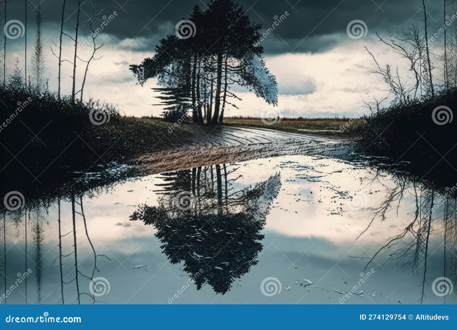 Puddle with Reflections of the Sky and Trees during a Rainstorm Stock ...