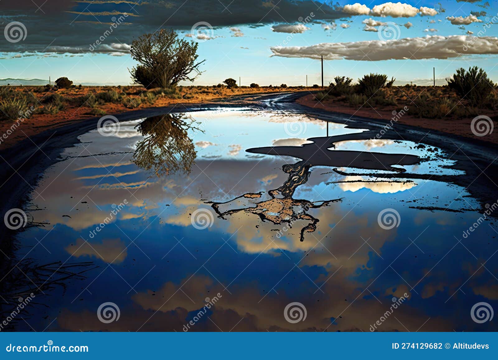 Puddle with Reflections of the Surrounding Scenery and Sky Stock ...