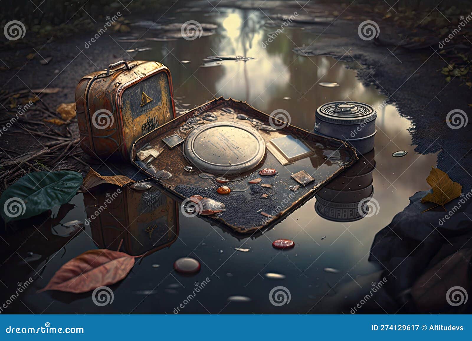 Puddle Surrounded by Forgotten Items and Trash, with Rain Still Coming ...