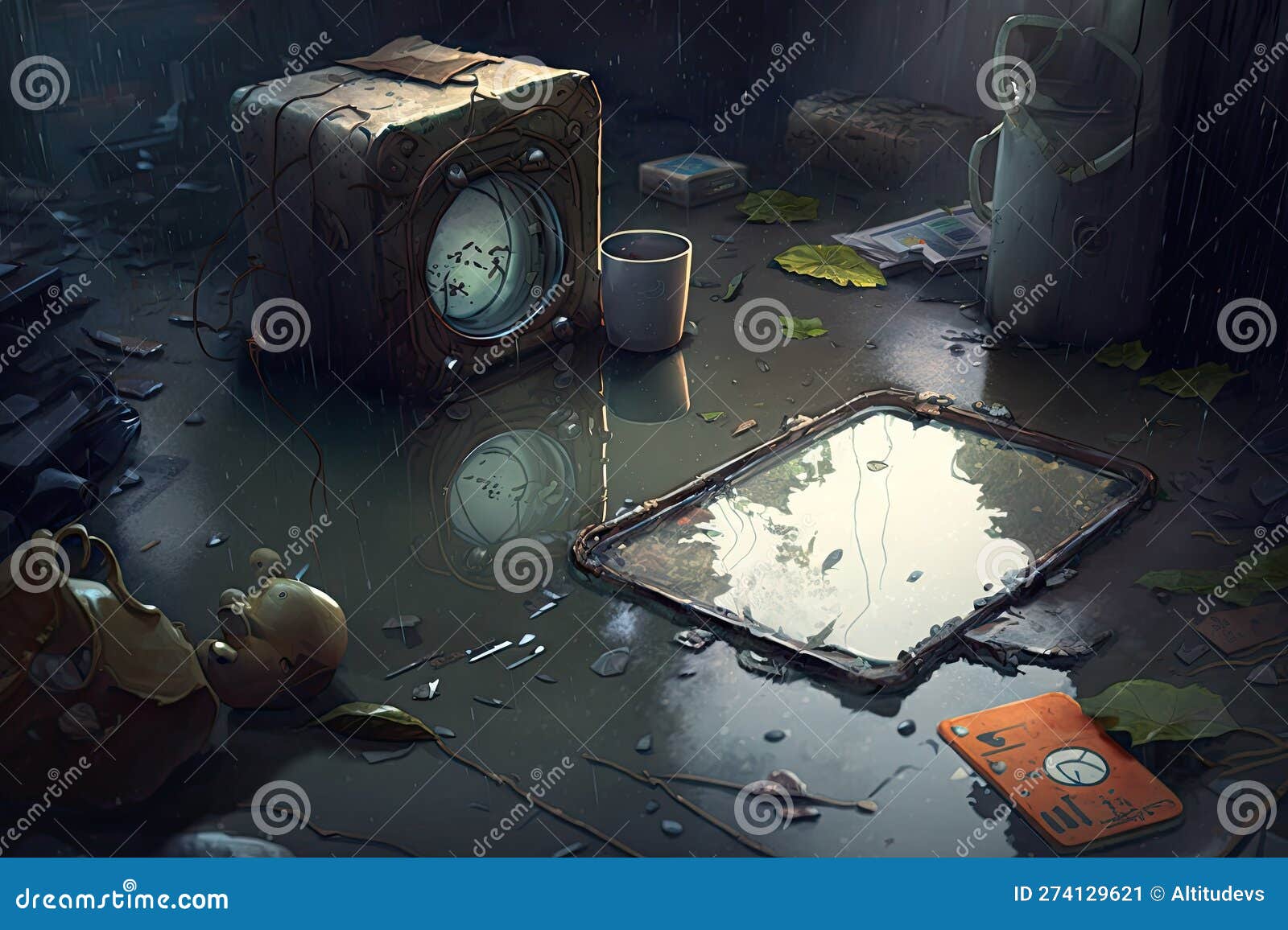 Puddle Surrounded by Forgotten Items and Trash, with Rain Still Coming ...