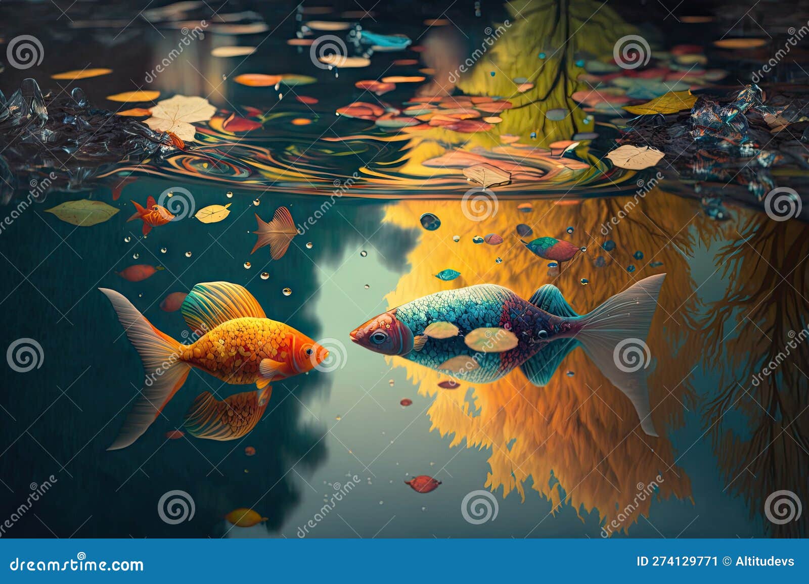 Puddle Transforming into a Magical Spring, with Colorful Fish Swimming ...