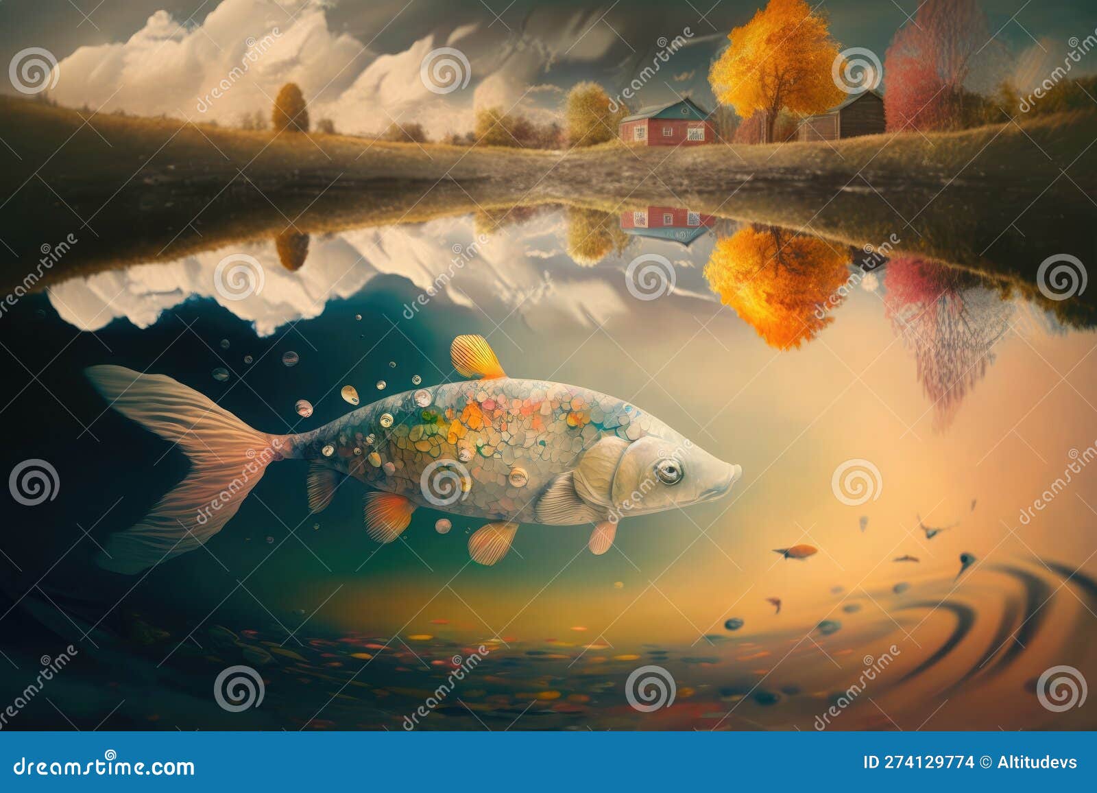 Puddle Transforming into a Magical Spring, with Colorful Fish Swimming ...
