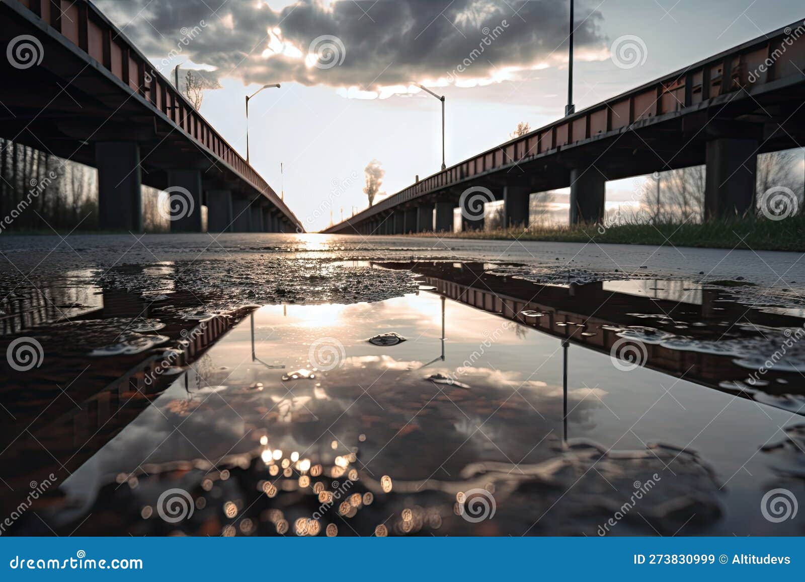 Puddle of Water on a Bridge, with Reflections of the Sky and Clouds ...