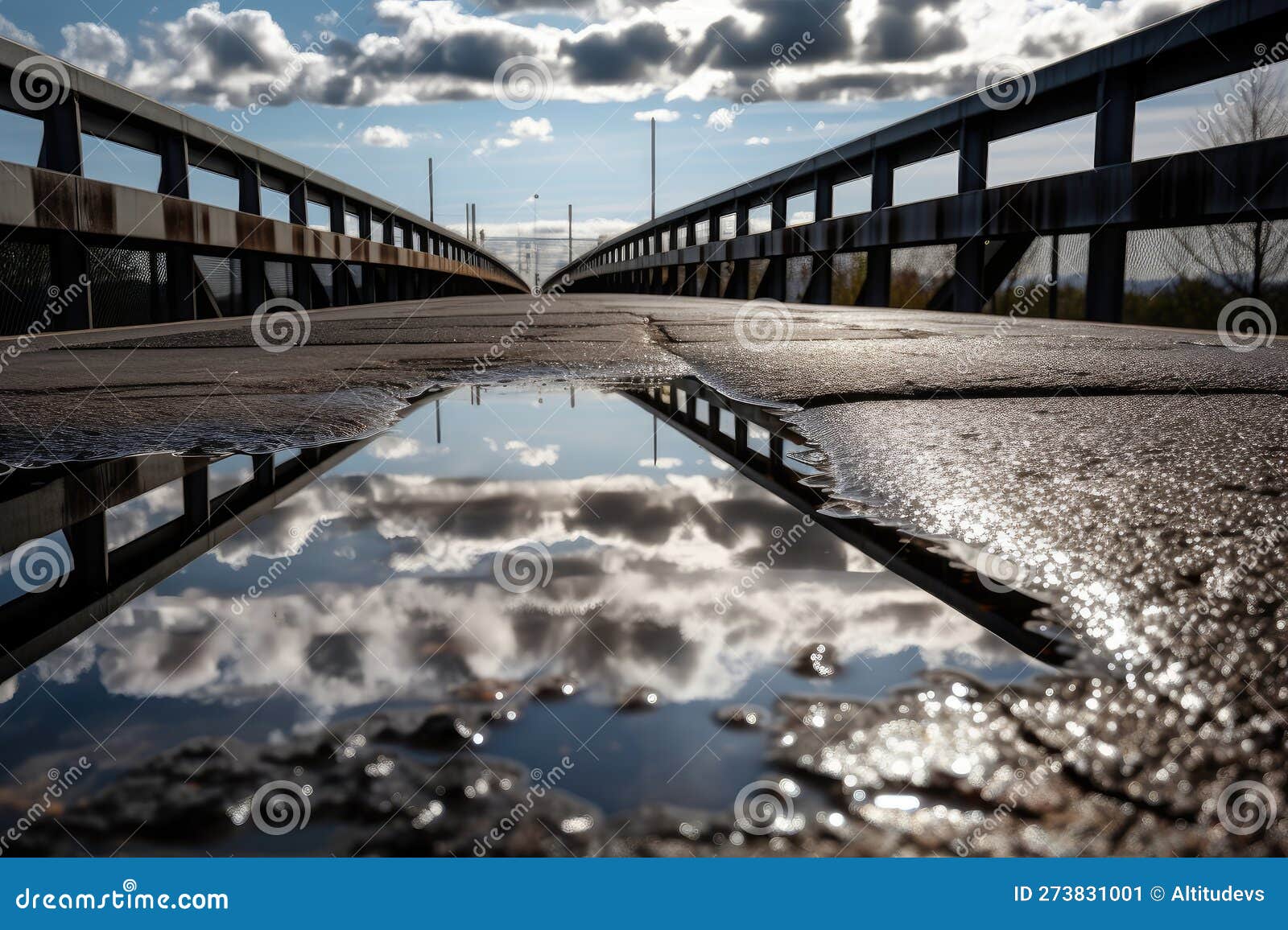 Puddle of Water on a Bridge, with Reflections of the Sky and Clouds ...