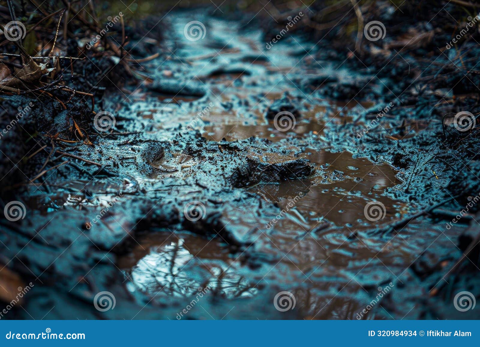 A Puddle of Water Sitting in the Grass with Footprints and Wet Clumped ...