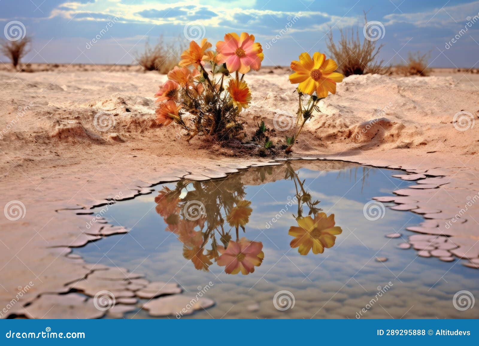 Puddles in Desert Sand Reflecting Blooming Flora Stock Photo - Image of ...