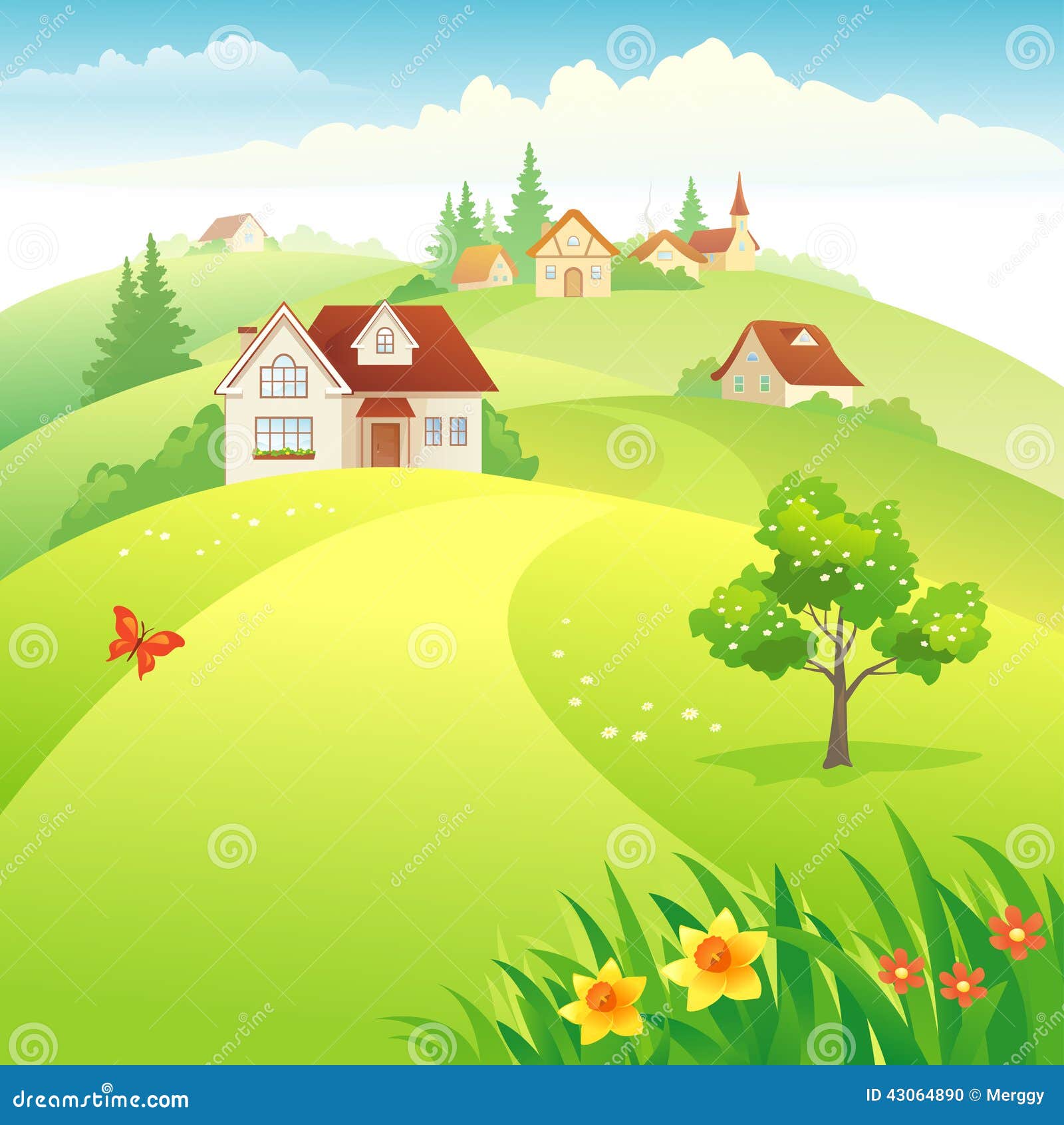 Pueblo en las colinas ilustración del vector. Ilustración de sendero ...