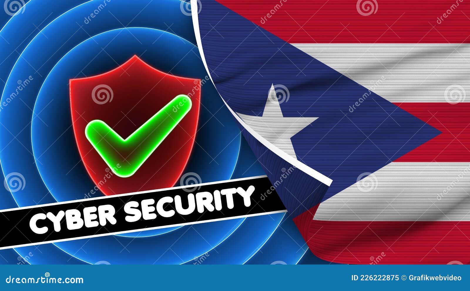 Puerto Rico Realistic Flag with Cyber Security Title Fabric Texture 3D ...
