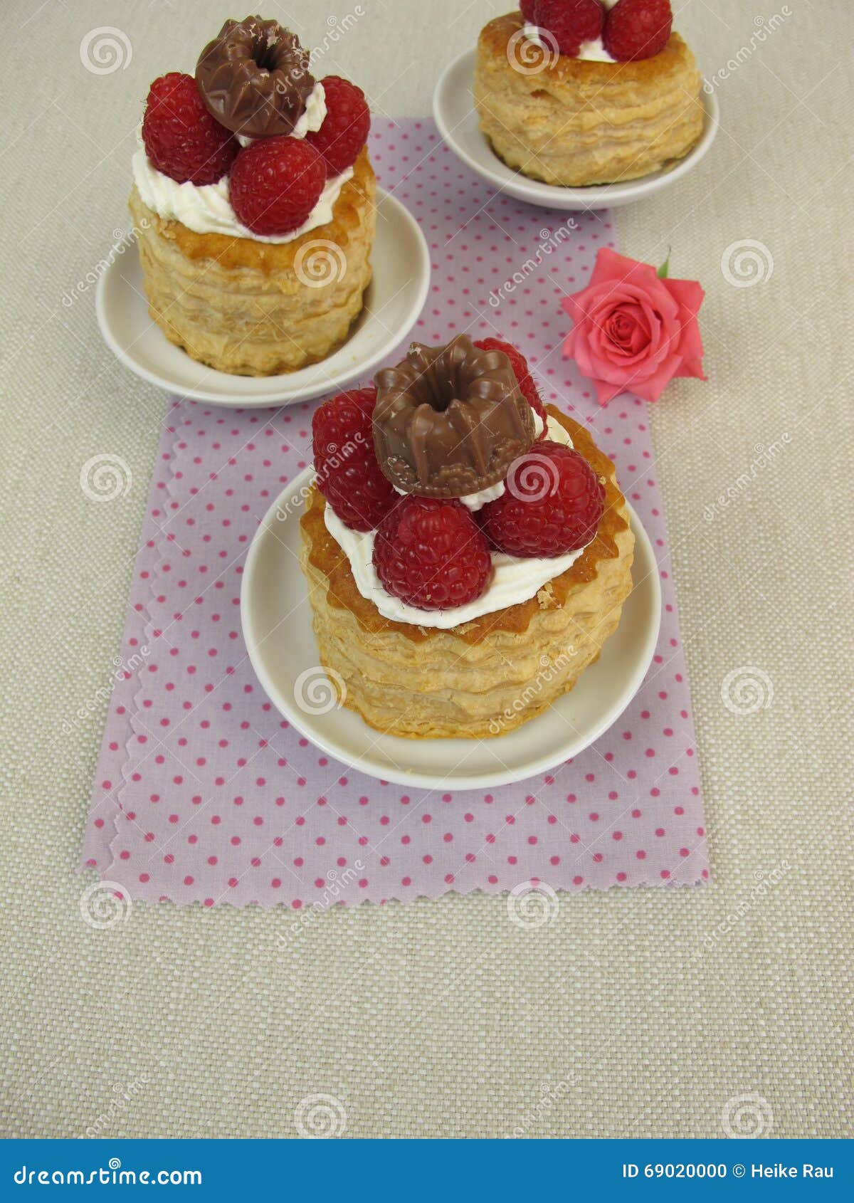 Puff Pastry Filled with Raspberry, Whipped Cream and Chocolate Stock ...