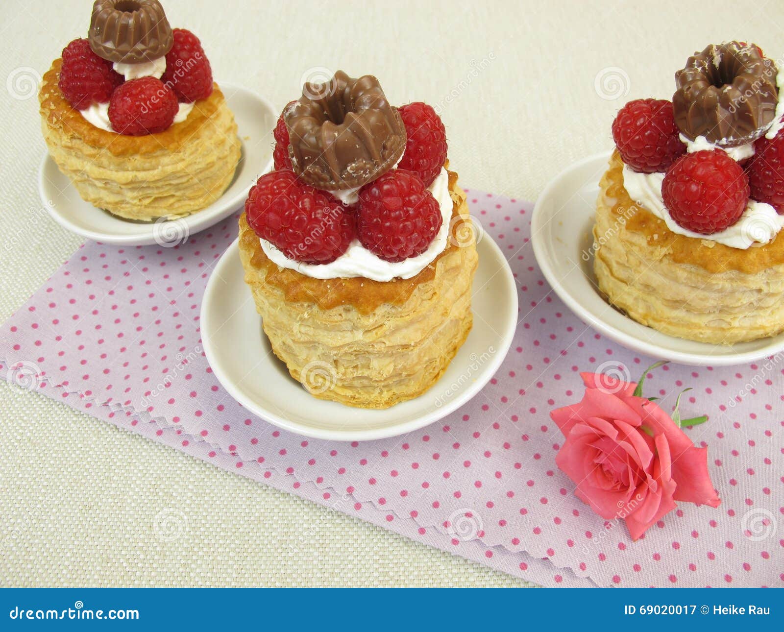 Puff Pastry Filled with Raspberry, Whipped Cream and Chocolate Stock ...