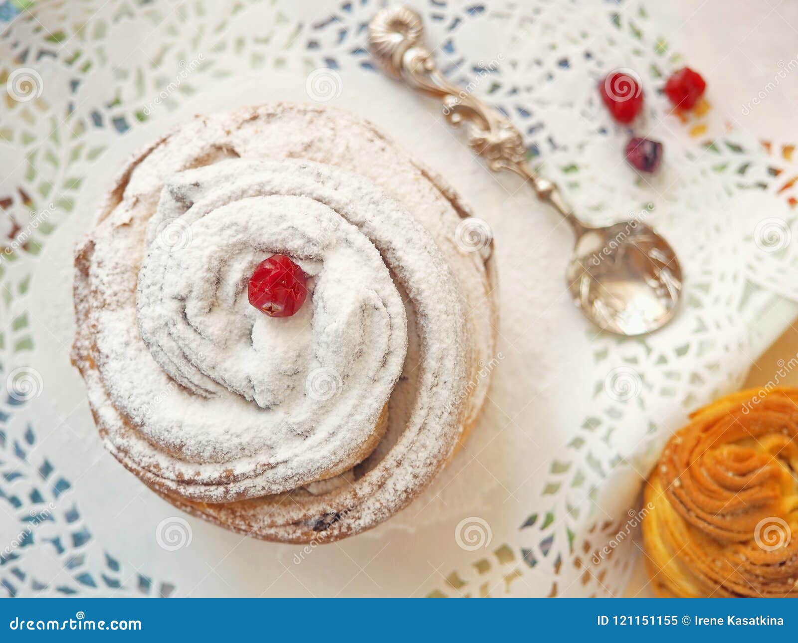 Puff Pastry Item Upon White Napkin Cruffin Or Muffin Close Up Top View Stock Image Image Of