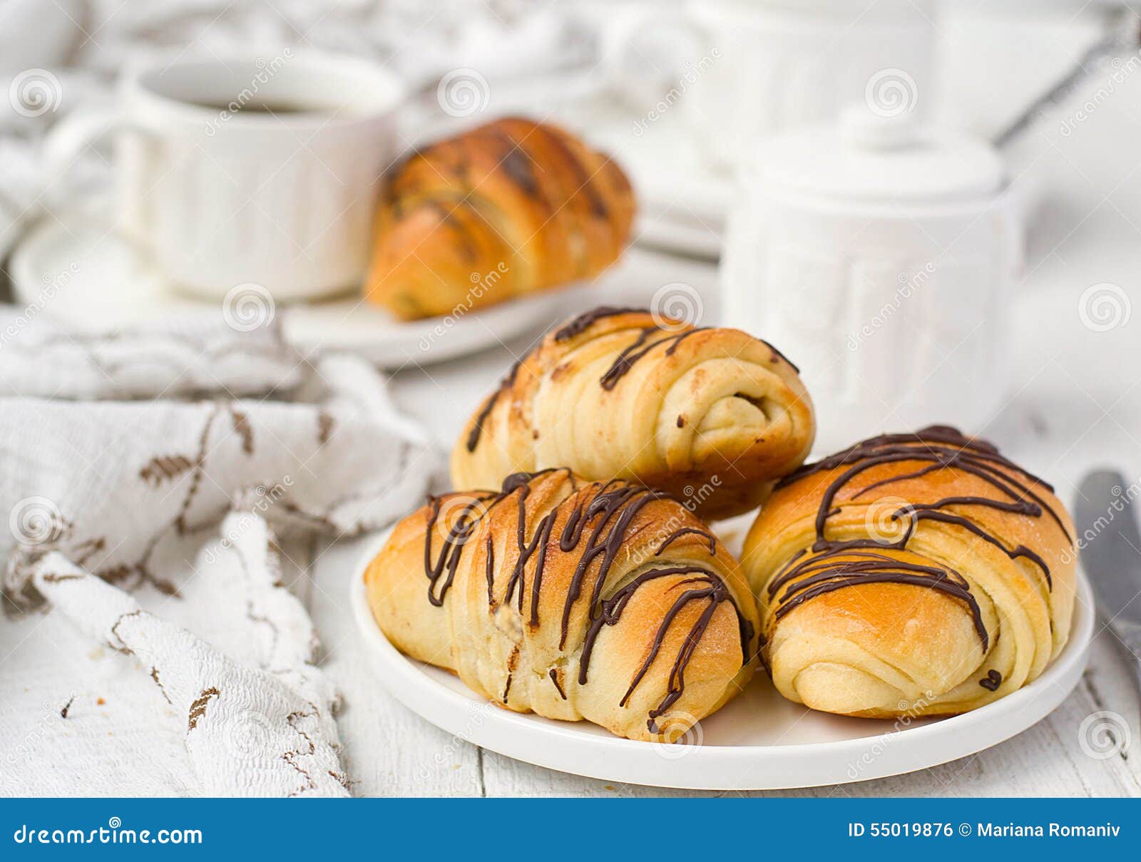 Puff Pastry Rolls with Chocolate and Coffee Cup Stock Photo - Image of ...