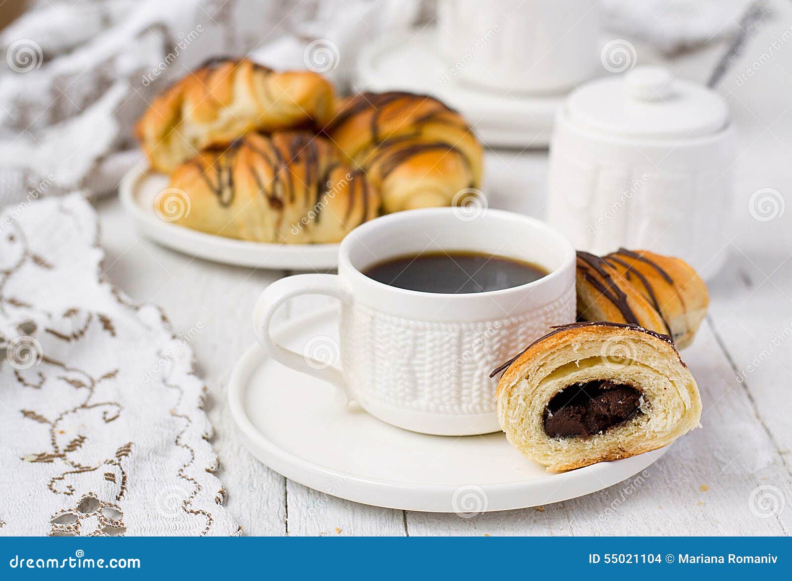 Puff Pastry Rolls with Chocolate and Coffee Cup Stock Photo - Image of ...