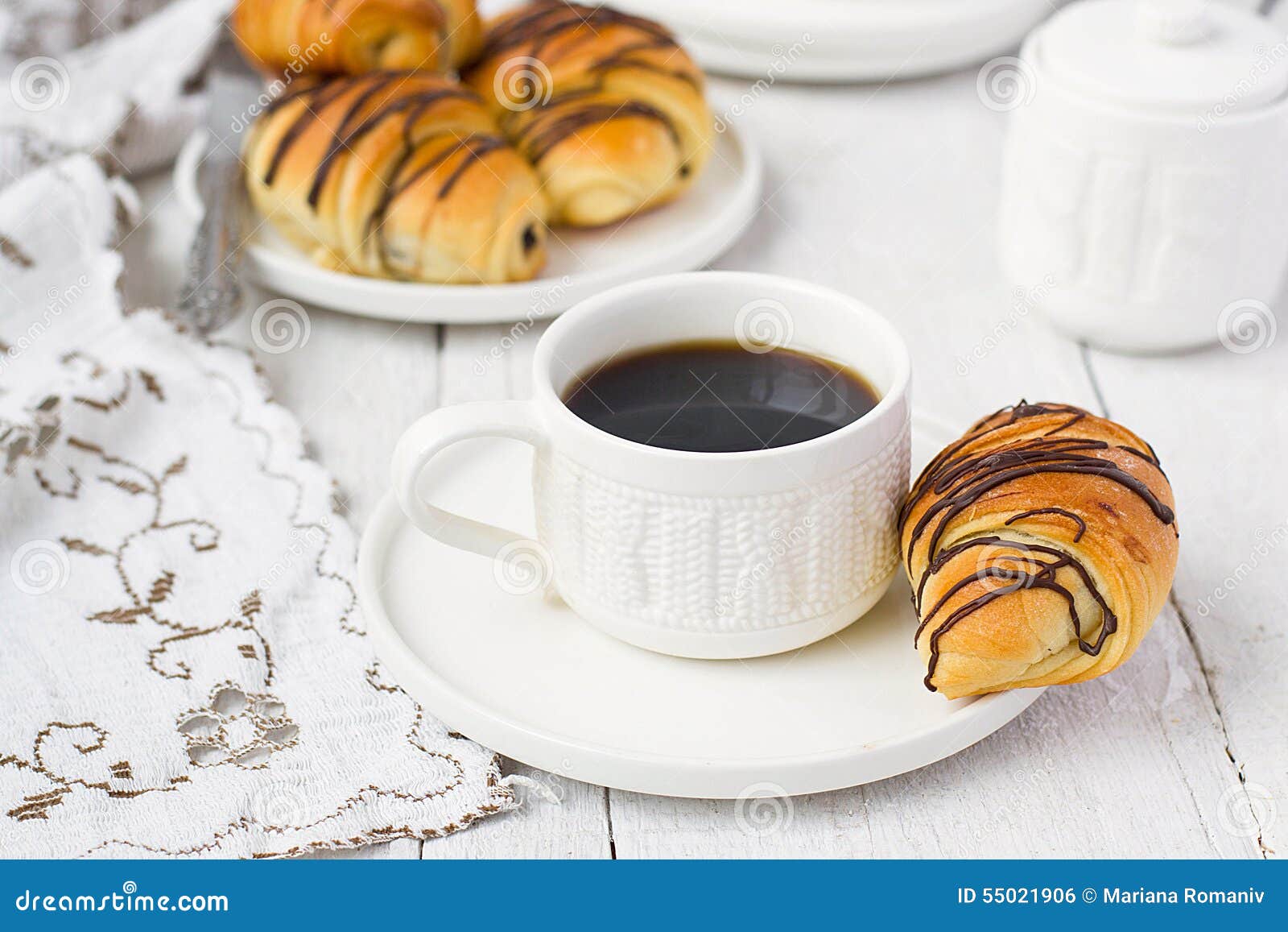 Puff Pastry Rolls with Chocolate and Coffee Cup Stock Photo - Image of ...