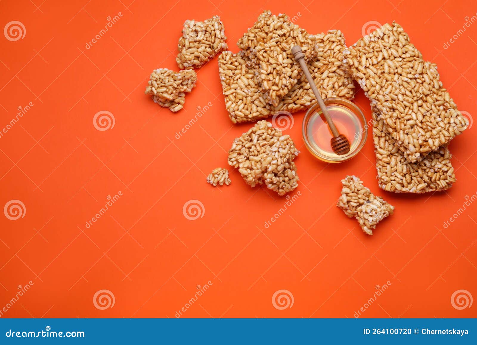 Puffed Rice Bars Kozinaki and Honey on Orange Background, Flat Lay ...