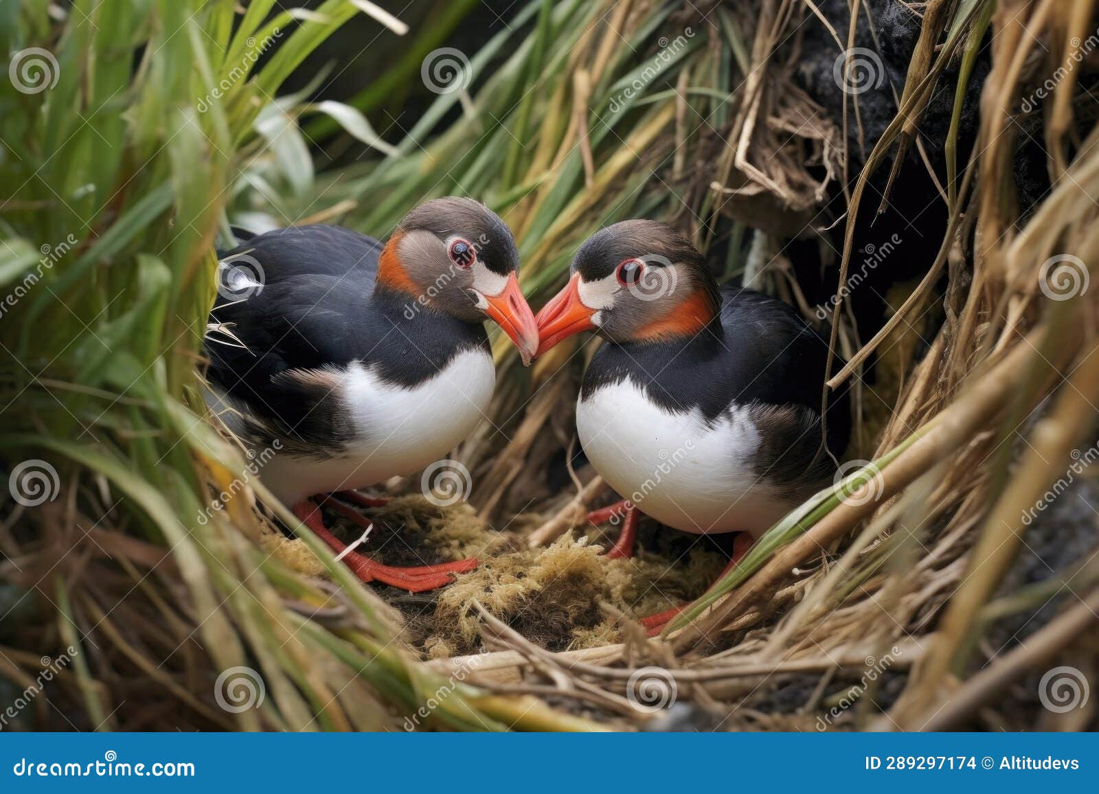 Puffins Feeding Young in Grassy Burrow Stock Photo - Image of birds ...