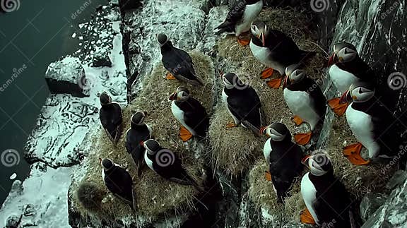 Puffins Nesting Cliffside, Winter Ocean Background, Wildlife ...