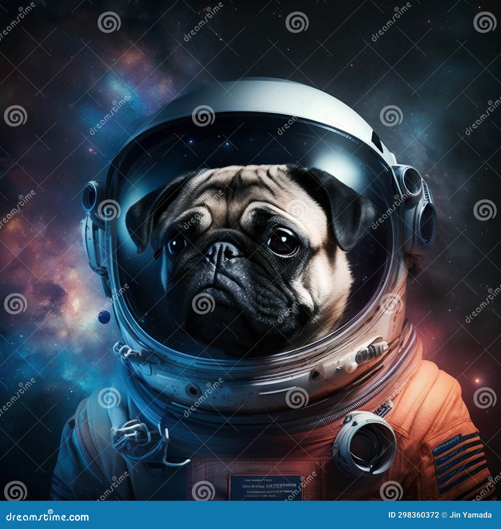 Pug Dog in Astronaut Helmet Against the Background of Outer Space ...