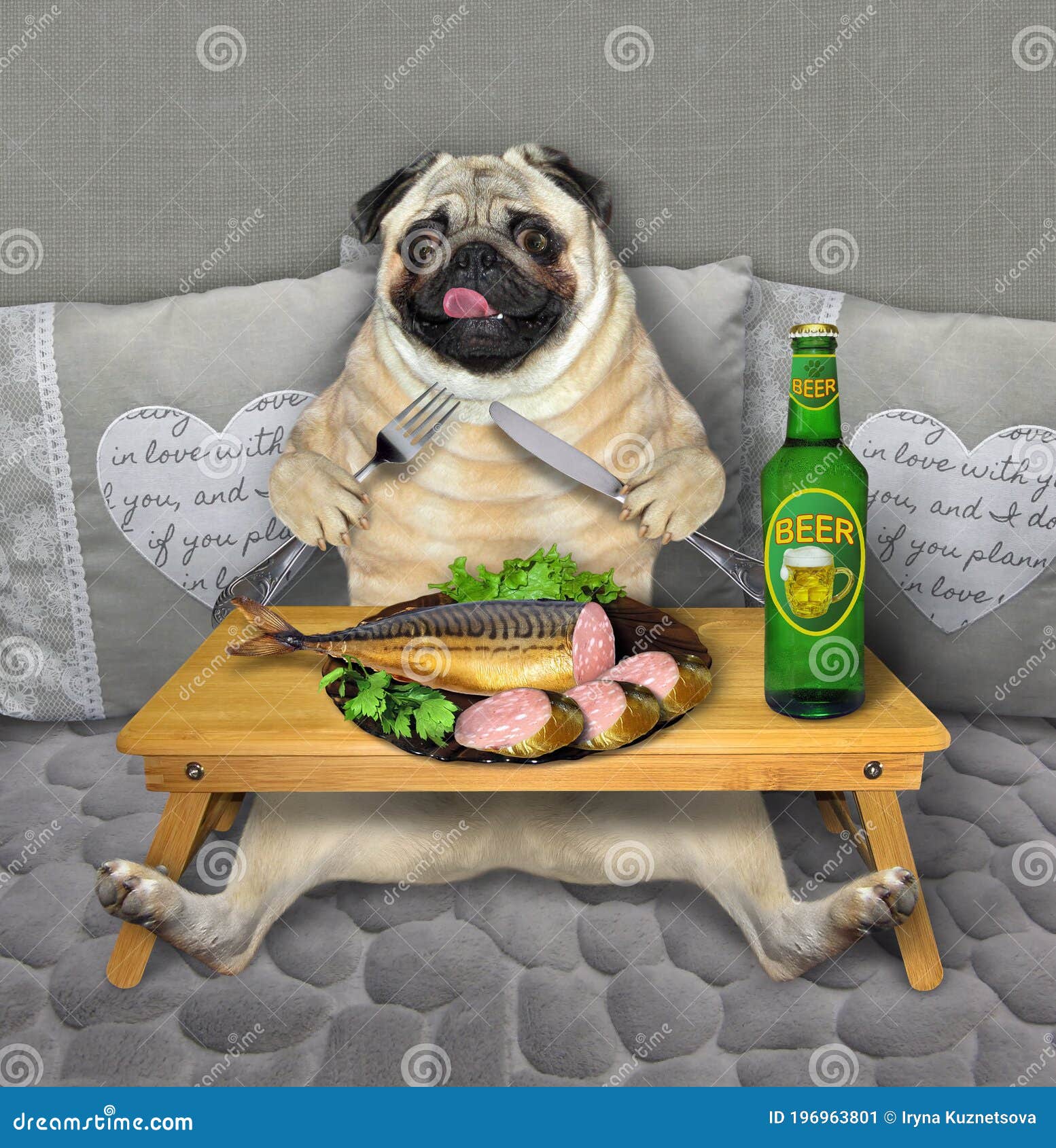 Pug Eats Stuffed Fish with Beer Stock Image - Image of grey, creative ...