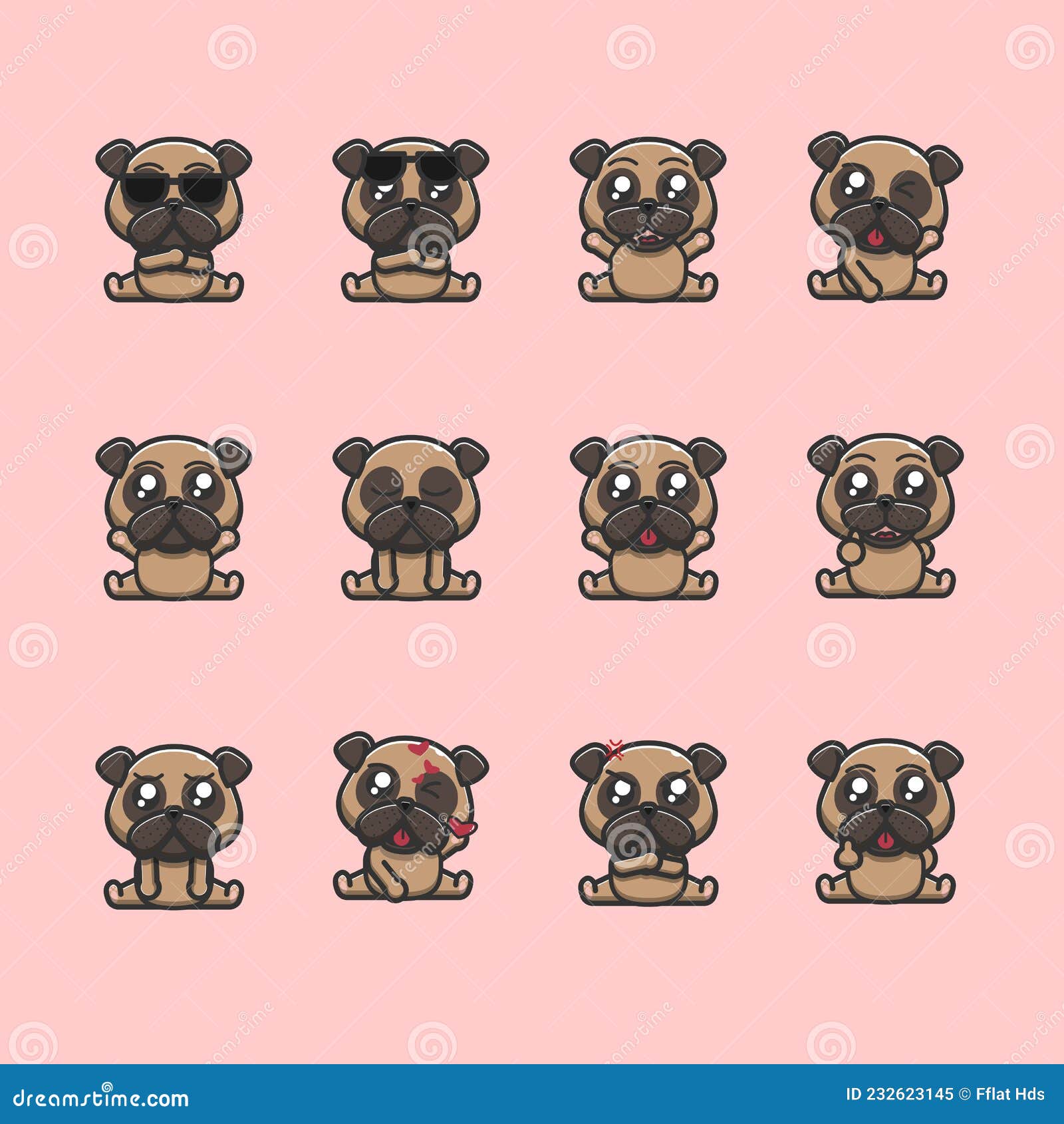 12 Pug Dog Expressions, Pug Dog Emoticon Bundle Stock Vector ...