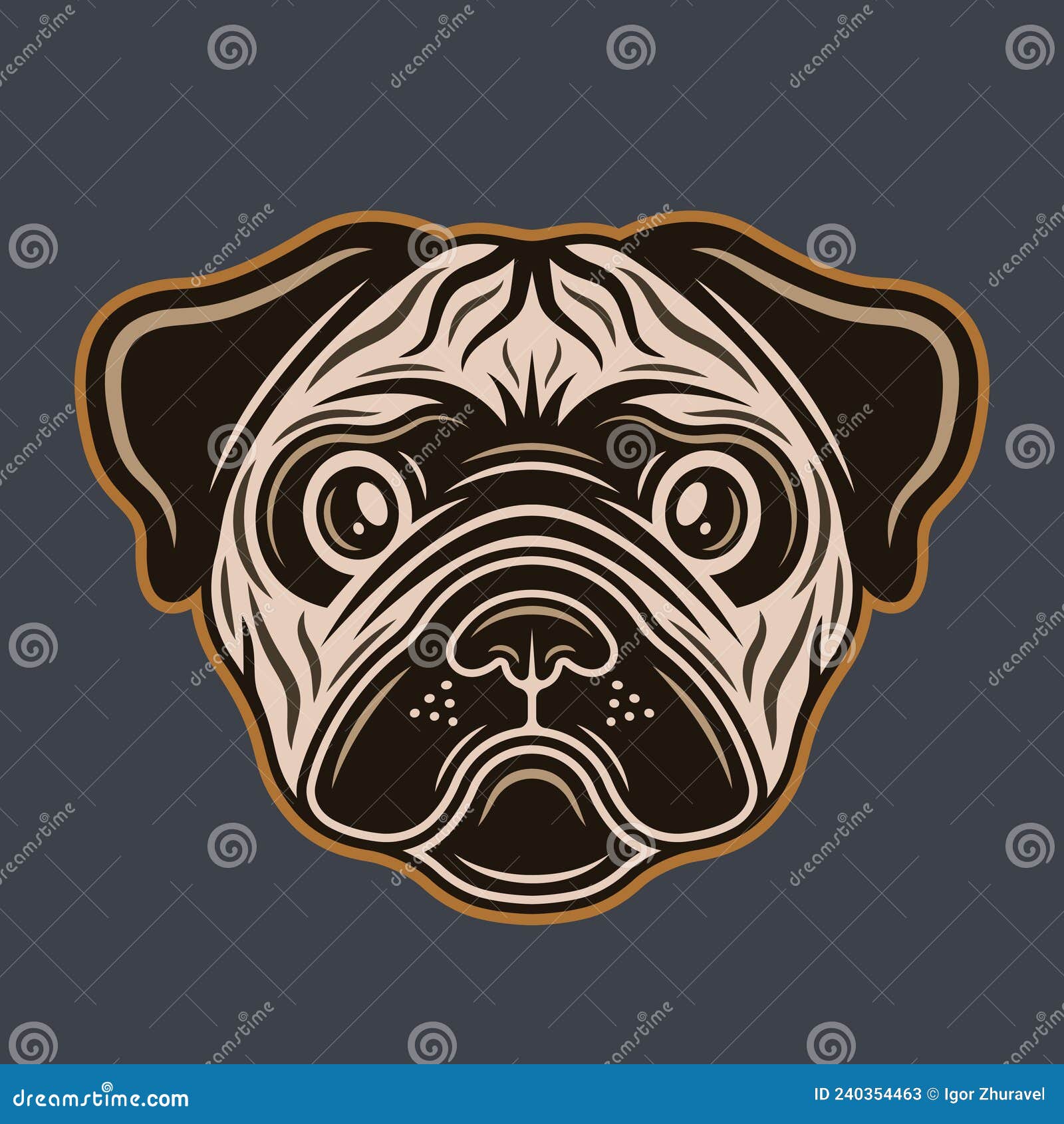 Pug Dog Head Vector Illustration in Colored Style Isolated on Gray ...