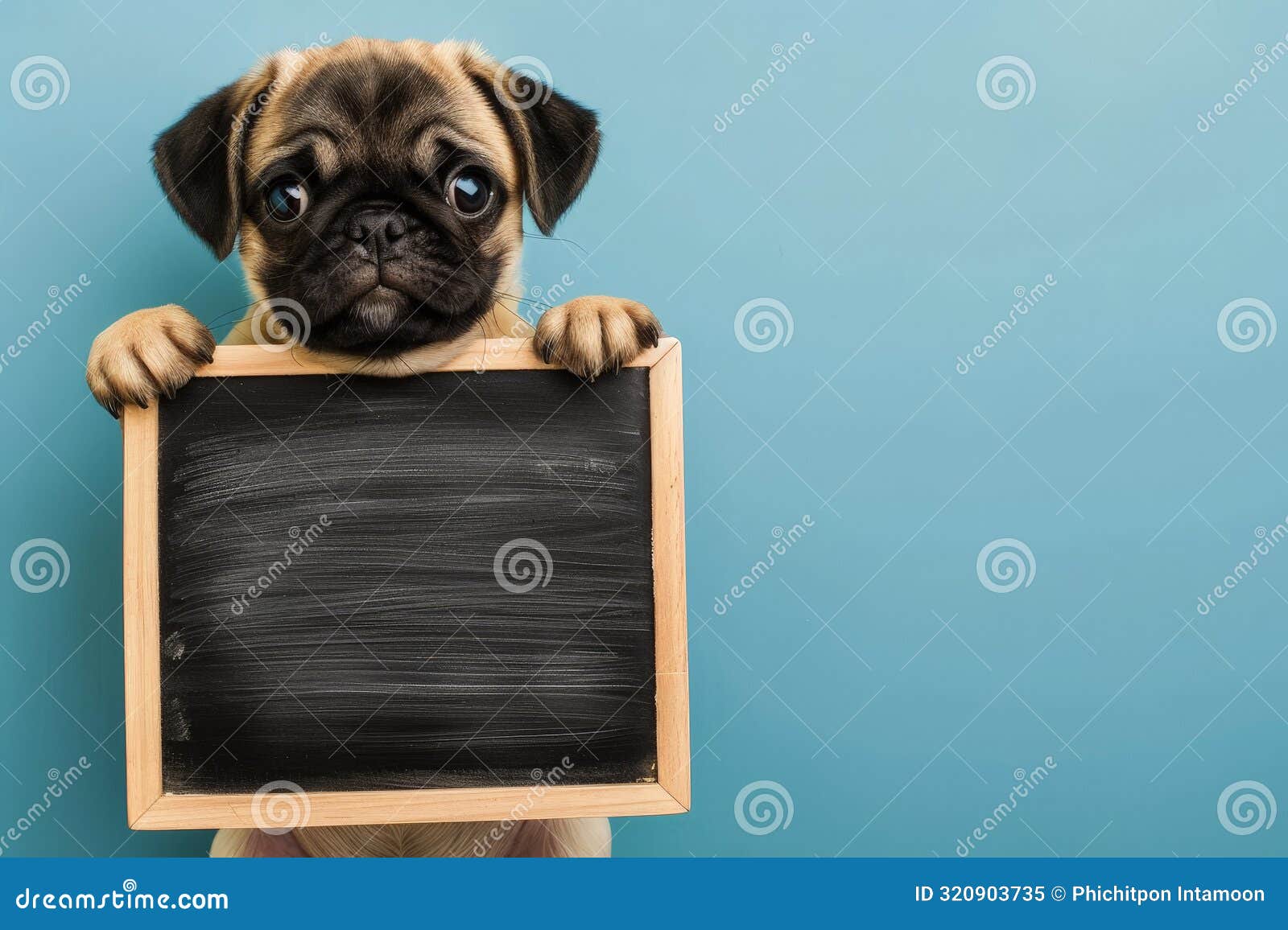 Pug Dog Hold Empty Clean Sign Black Board with Copy Space Stock Image ...