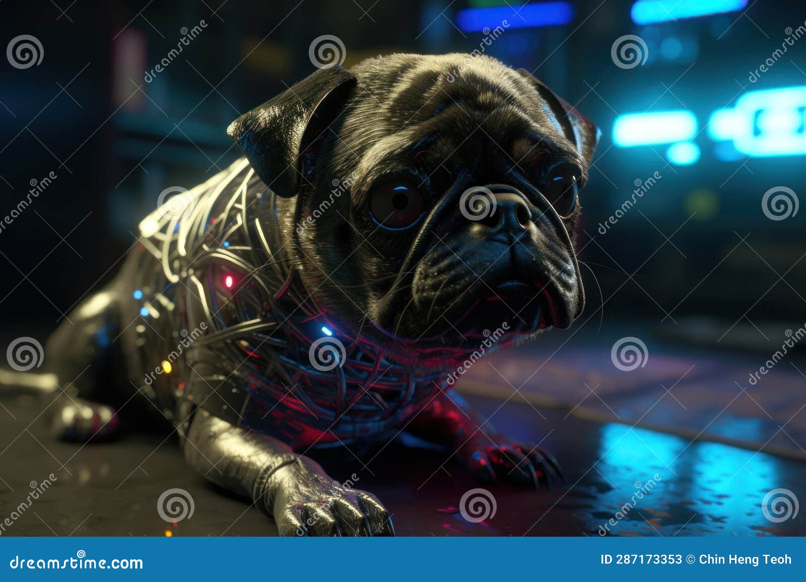 Pug Dog with Led Lights on the Floor in a Dark Room Stock Illustration ...