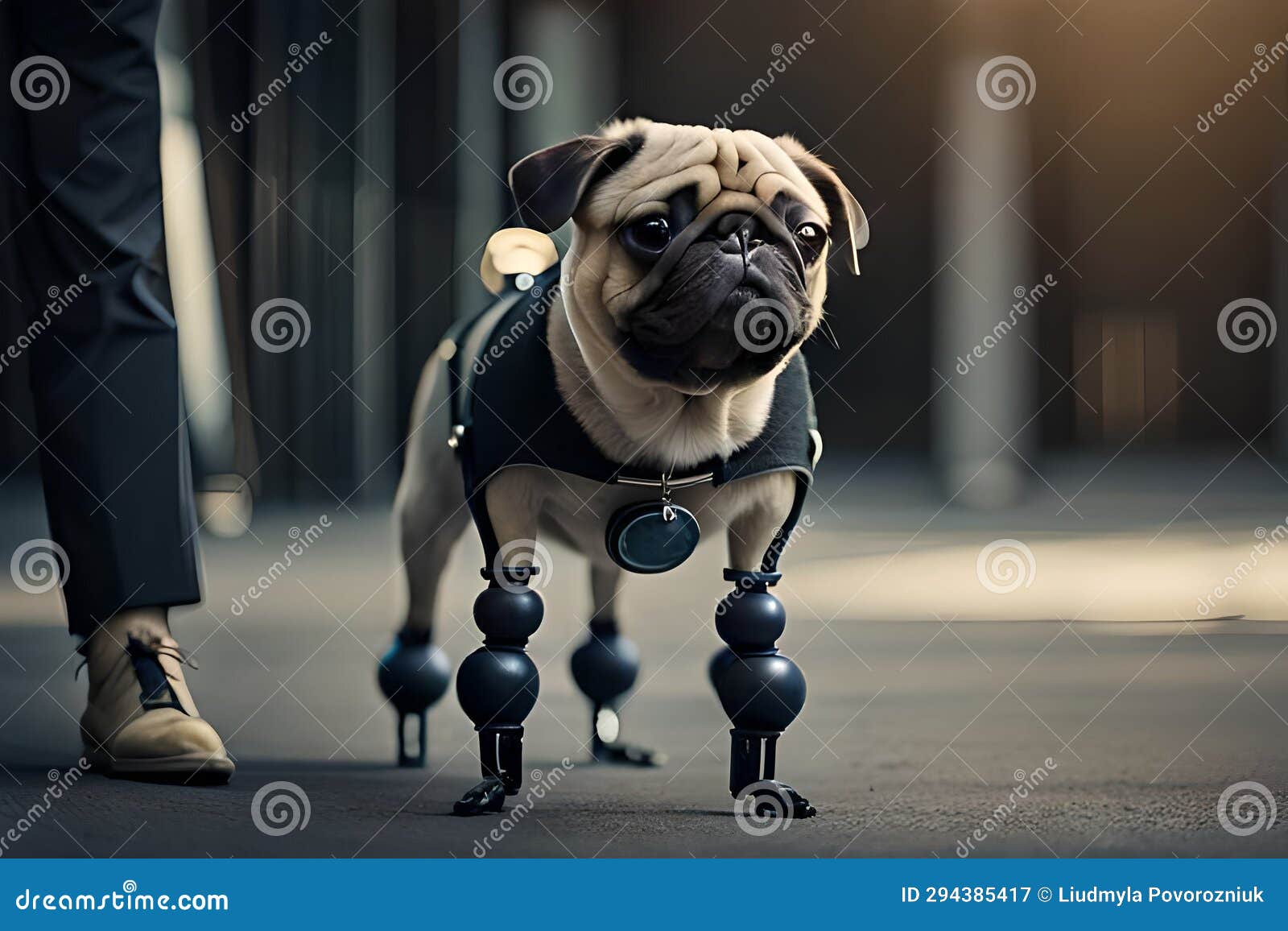 A Pug Dog with Prosthetic Front Legs a Gray Background Stock Image ...