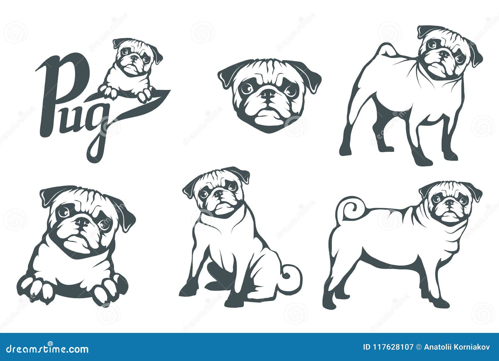 Pug Dog Set. Head of an Pug. Pets for Design Stock Vector ...