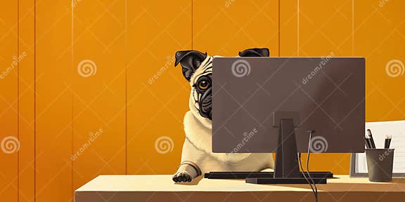 Pug Dog Sits at Desk in Front of Laptop, Typing on Keyboard. Cute Pet ...