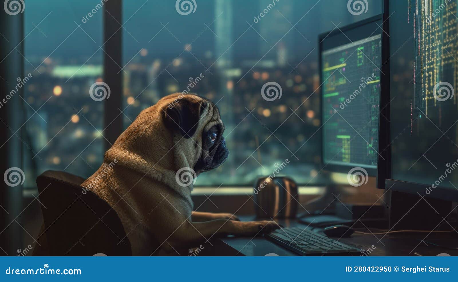 A Pug Dog Sitting at a Desk in Front of a Computer. Generative AI Image ...