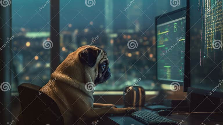 A Pug Dog Sitting at a Desk in Front of a Computer. Generative AI Image ...