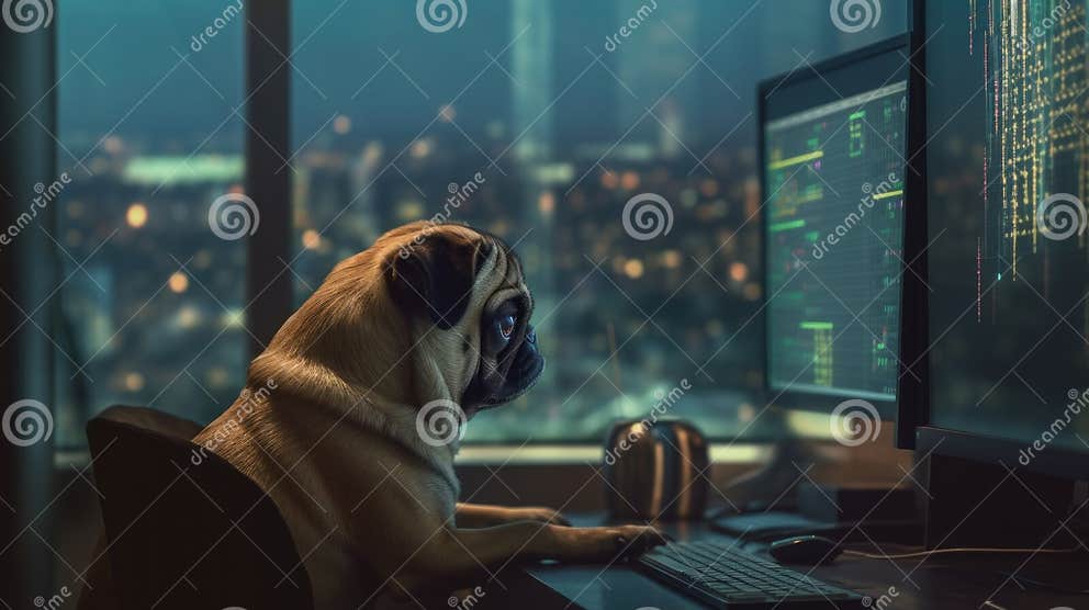 A Pug Dog Sitting at a Desk in Front of a Computer. Generative AI Image ...