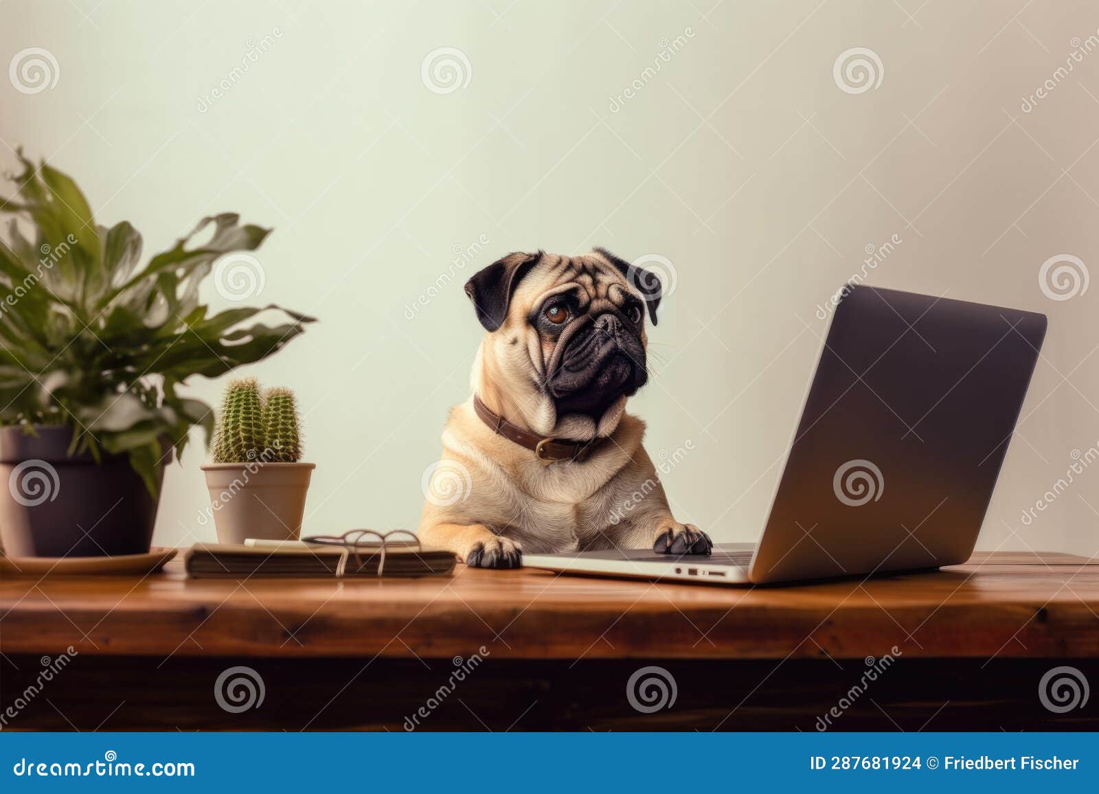 A Pug Dog Sitting at a Desk with a Laptop. Stock Photo - Image of ...