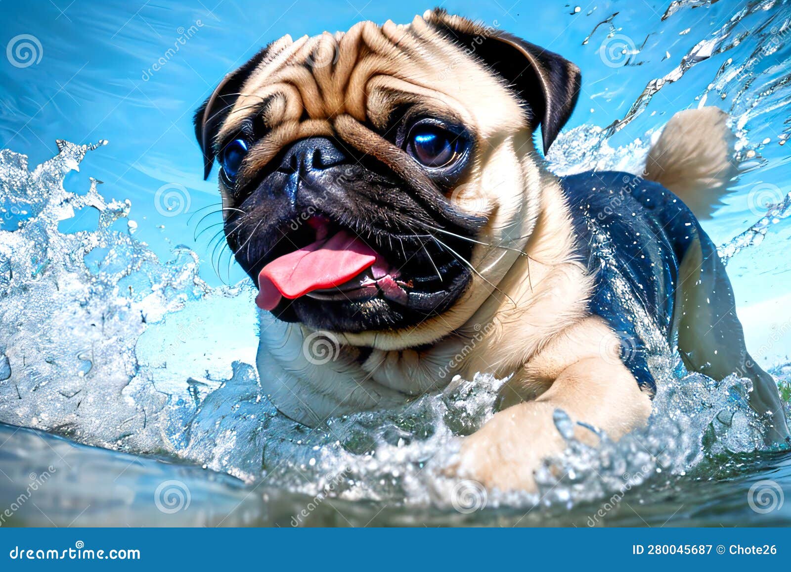 Pug Dog Swimming in the Pool with Splashes of Water Generative AI Stock ...
