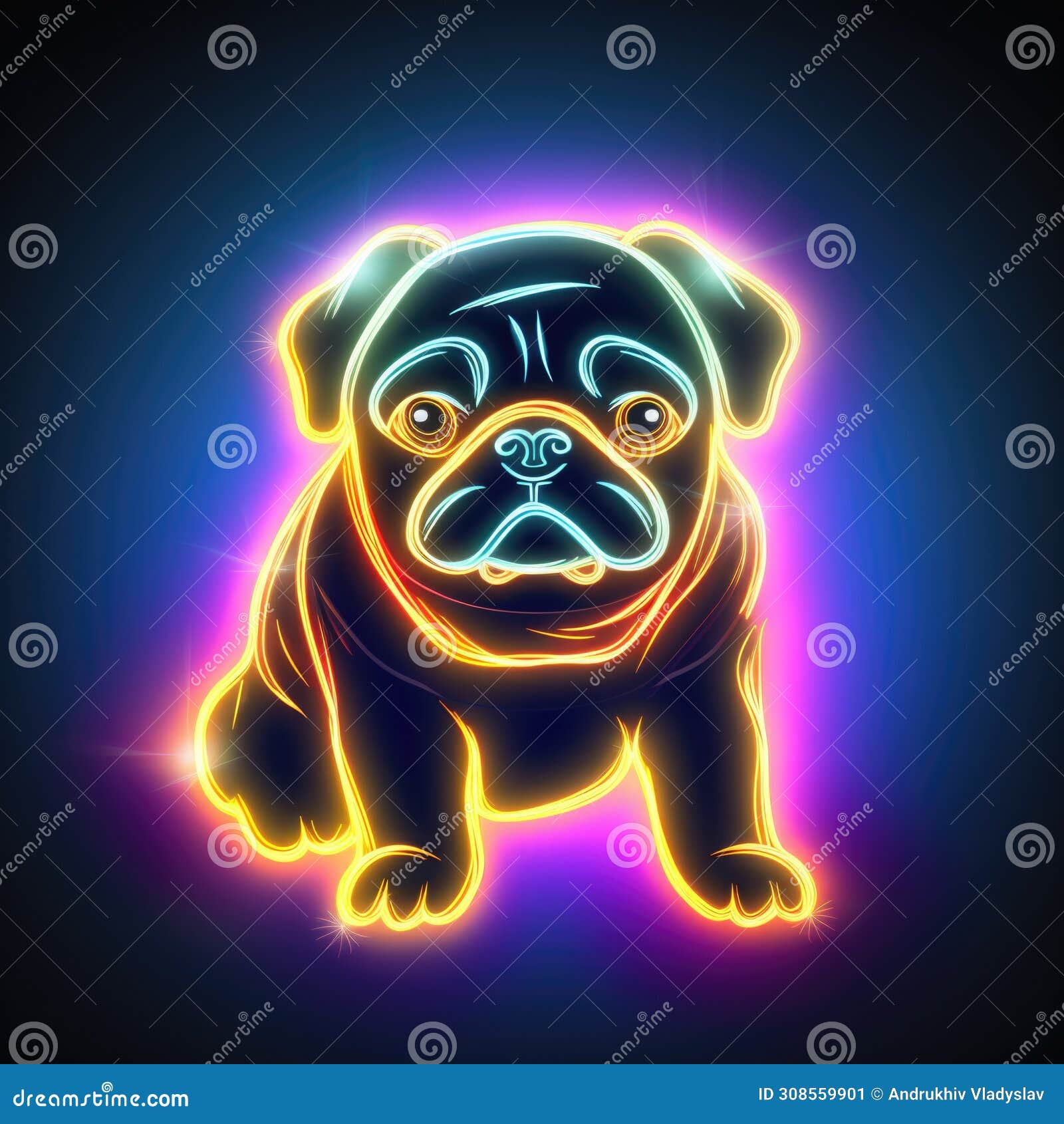 Pug. Neon Outline Icon with a Light Effect Stock Illustration ...