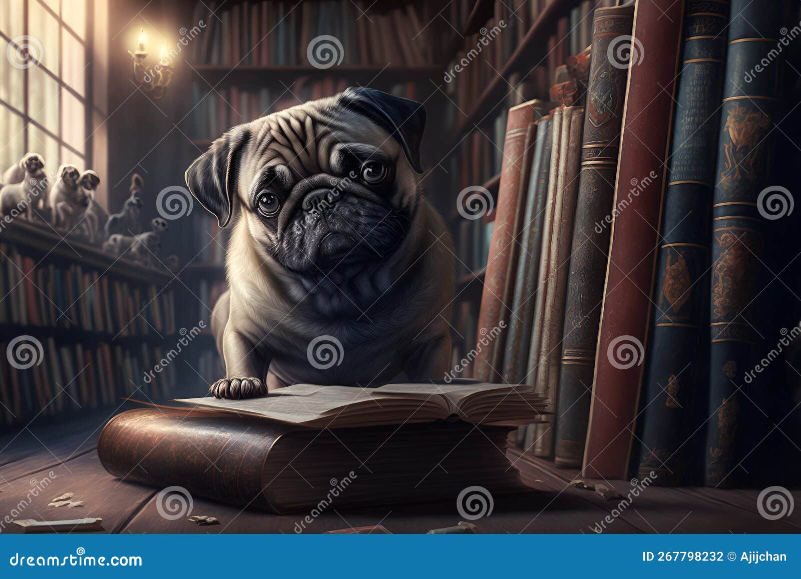 Pug Reads a Book in a Library. Generative AI Stock Illustration ...