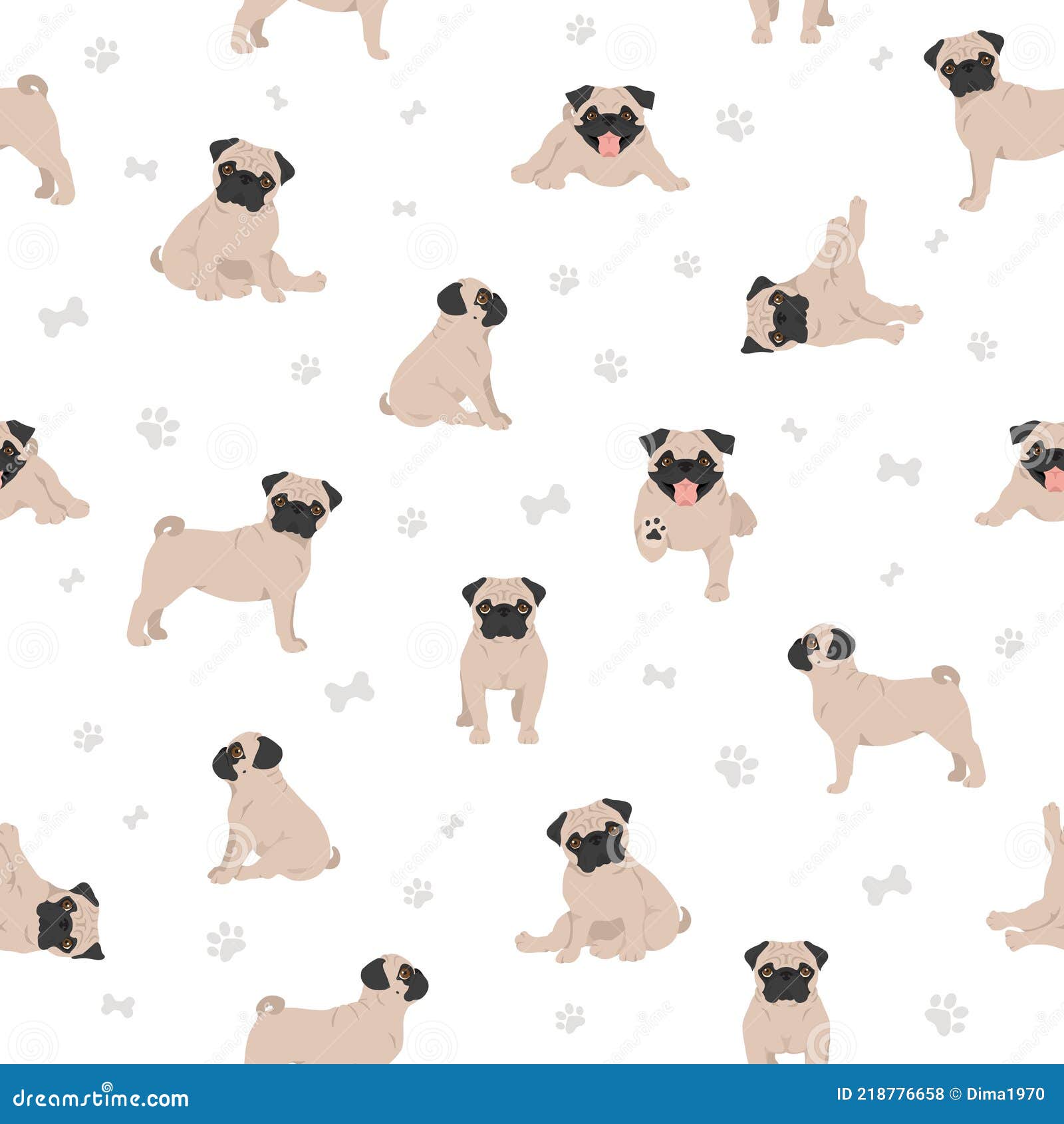 Pug Seamless Pattern. Different Poses, Coat Colors Set Stock Vector ...