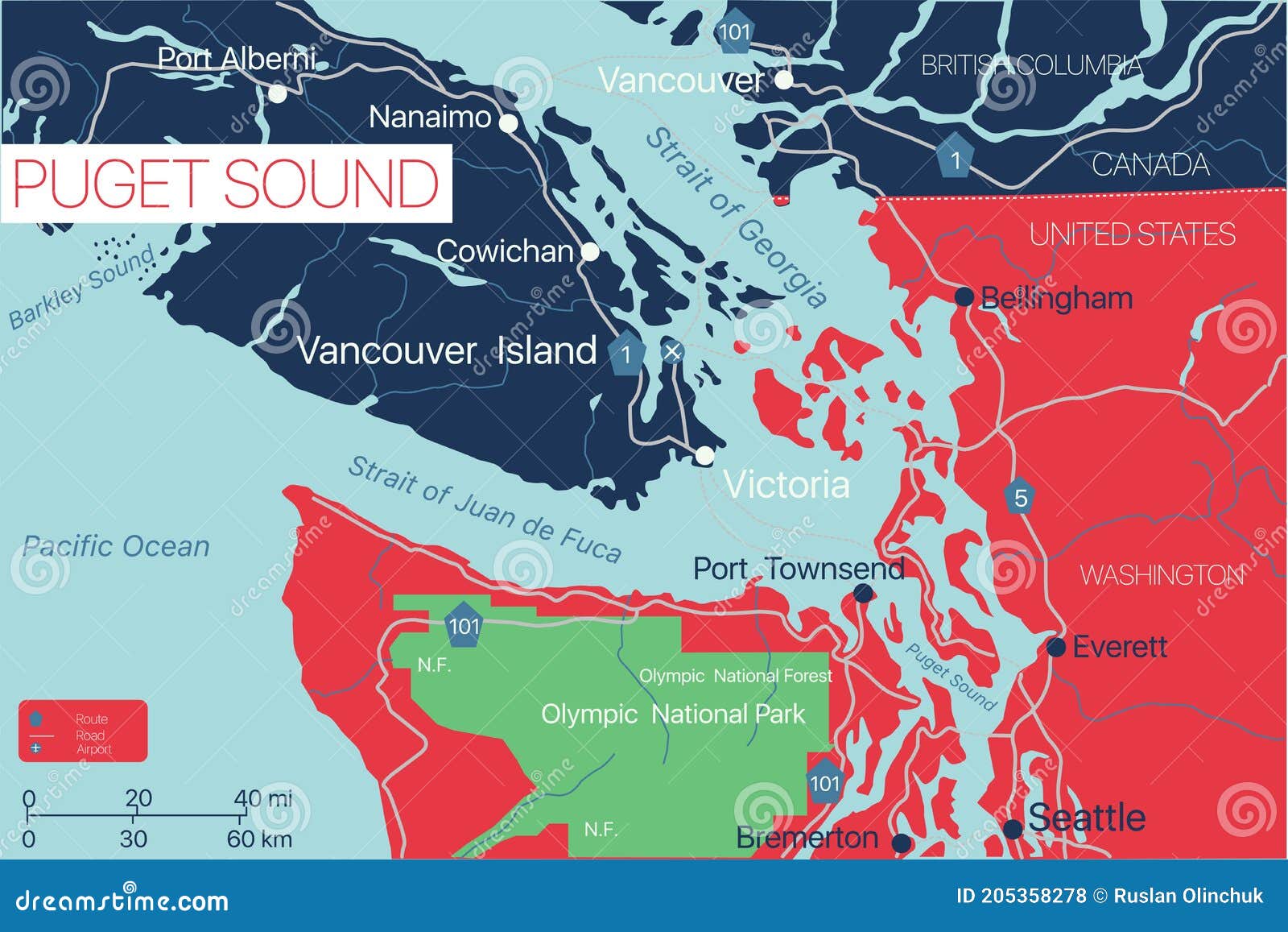 Puget Sound Detailed Editable Map Vector Illustration 205358278