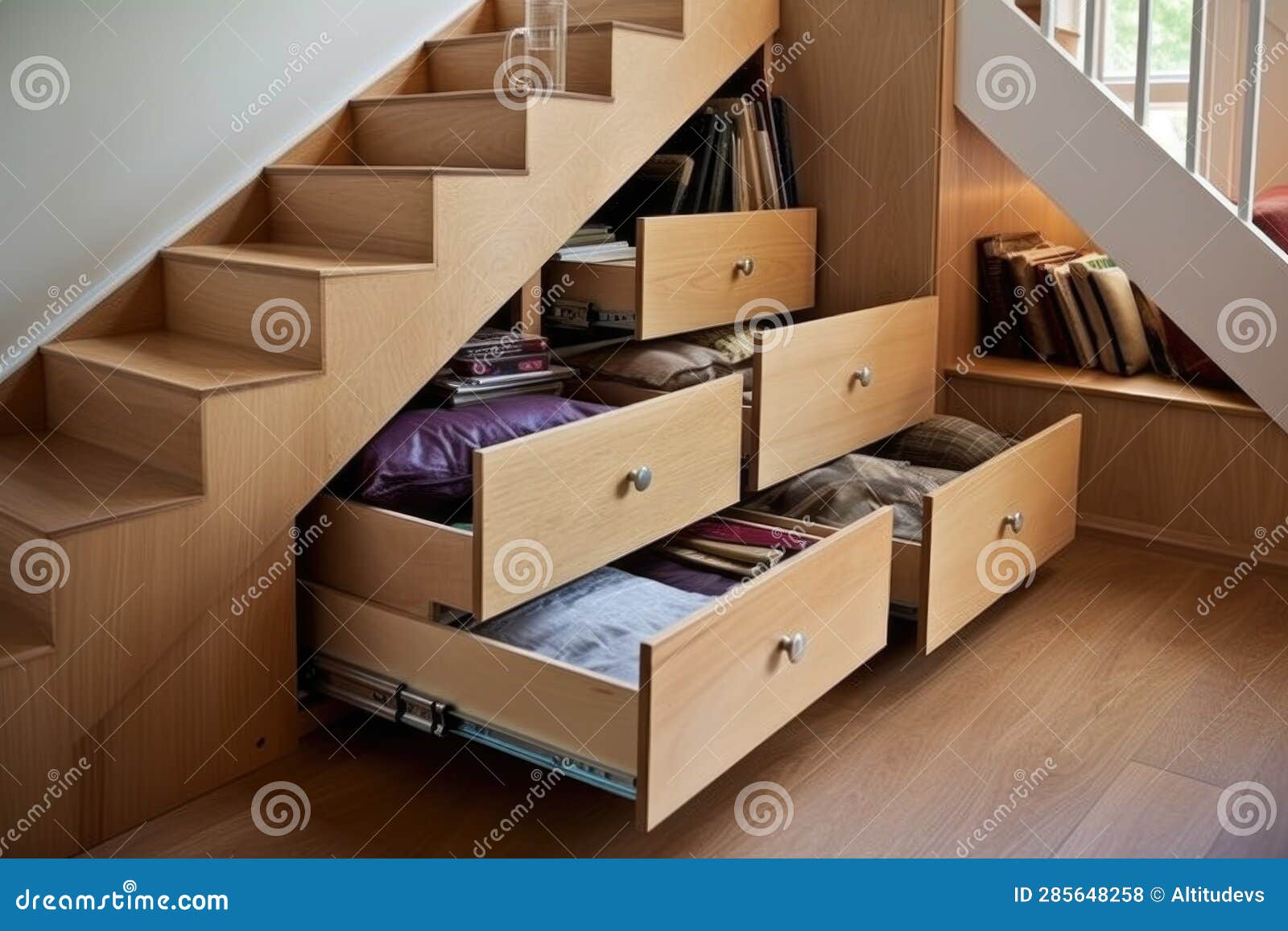 Pull-out Drawers Under Stair Steps, Filled with Books Stock ...