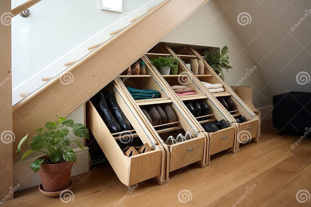 Pull-out Shoe Storage Solution Under Stairs Stock Illustration ...