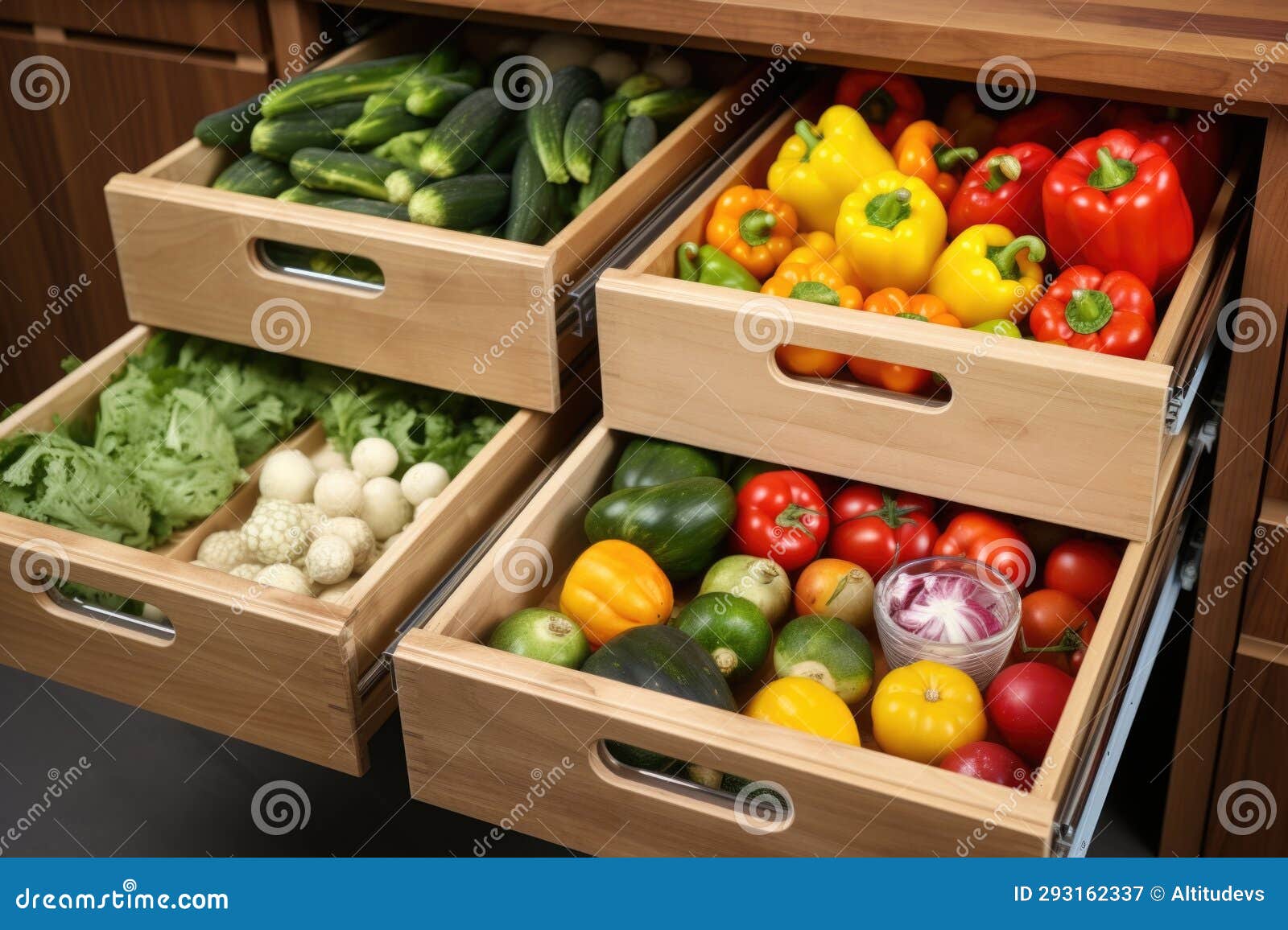 Pull-out Wooden Drawers Filled with Fresh Vegetables Stock Image ...
