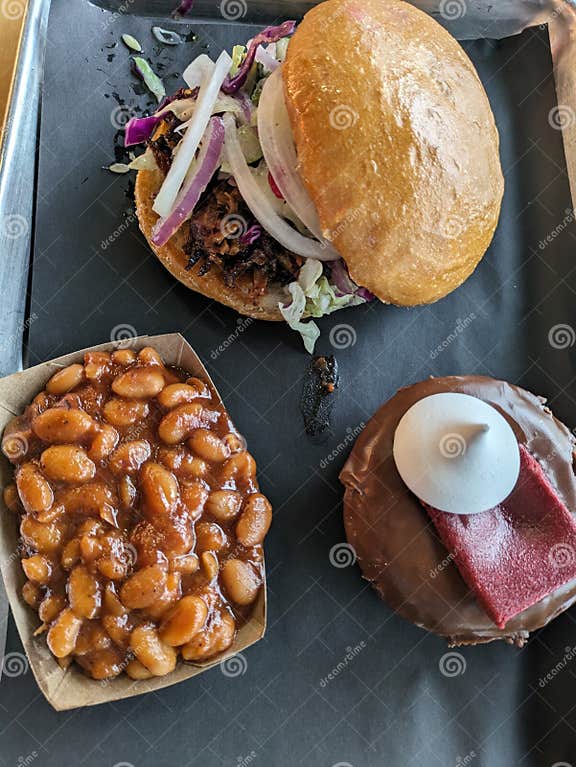 Pull Pork, Beans, and Red Velvet Donut Stock Photo - Image of meal ...