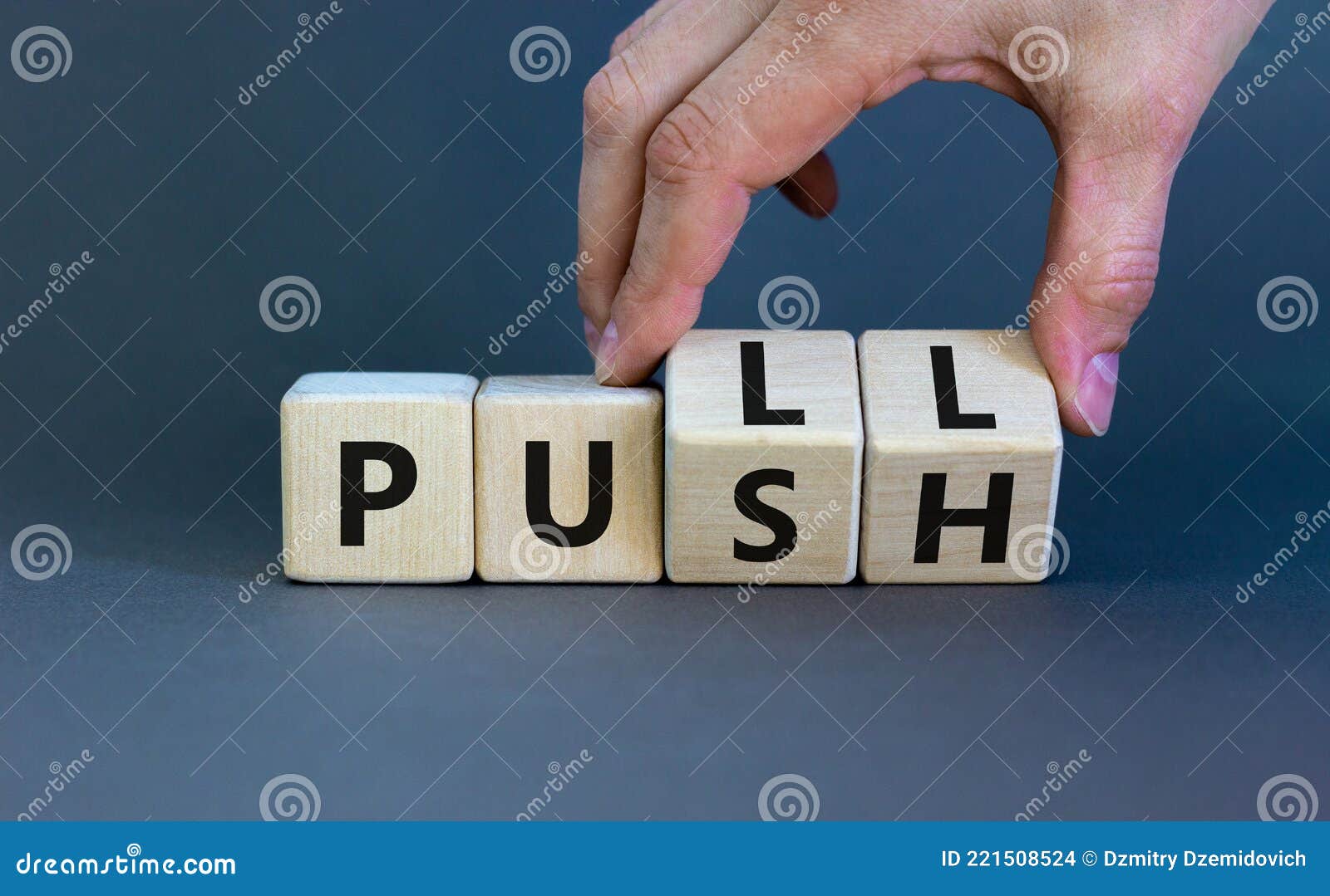 Pull or Push Symbol. Businessman Turns Wooden Cubes and Changes the ...