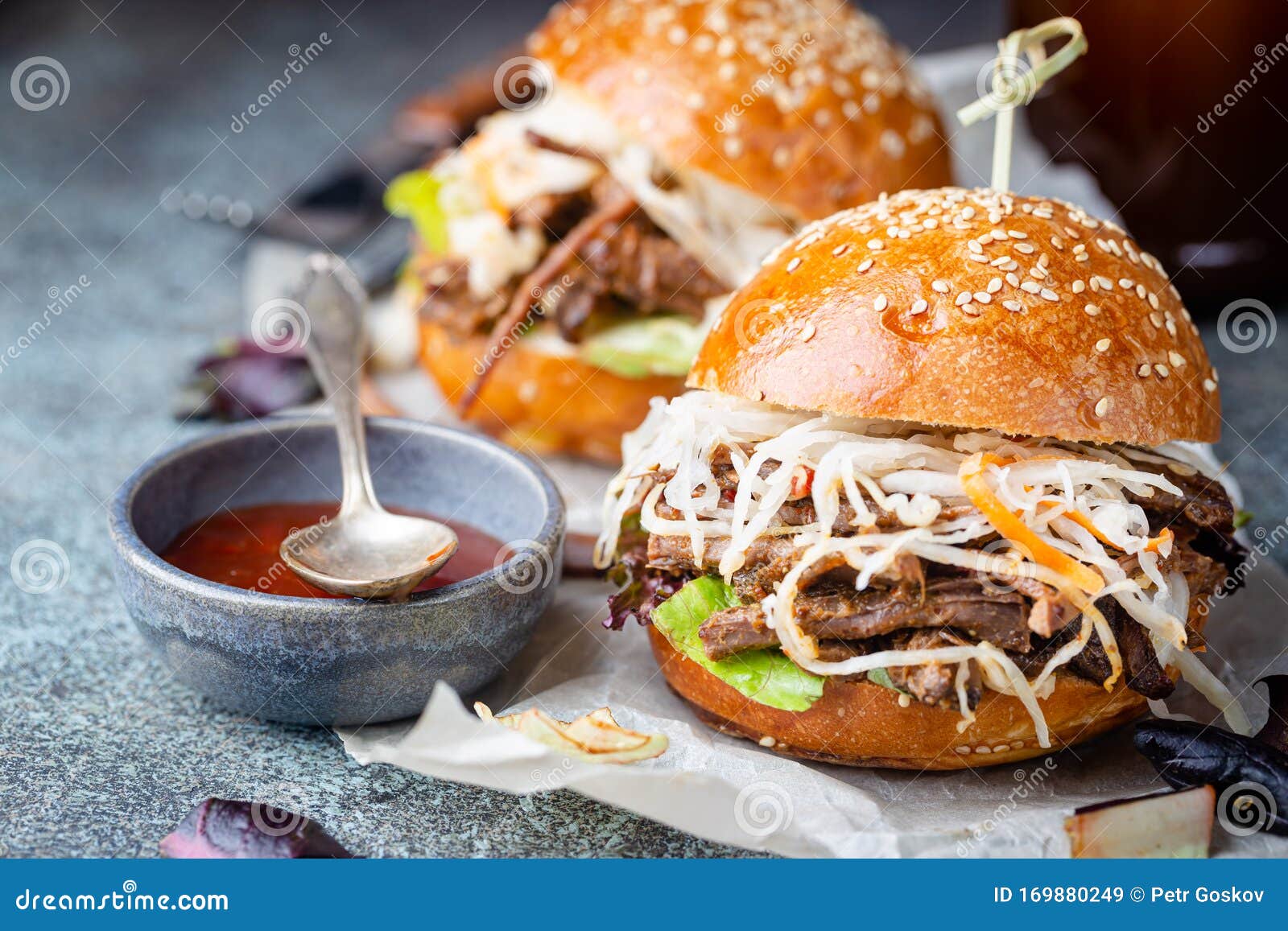 Pulled beef burger stock image. Image of dark, baked - 169880249