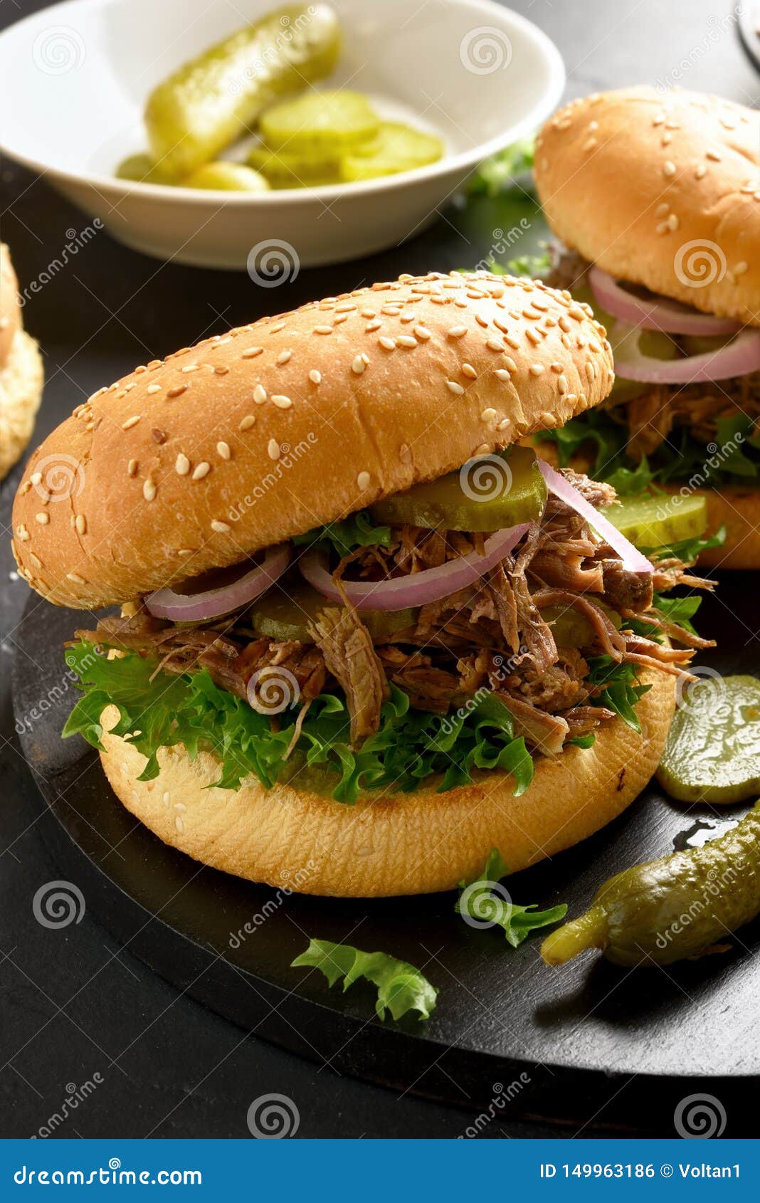 Pulled beef sandwiches stock photo. Image of fast, marinated - 149963186