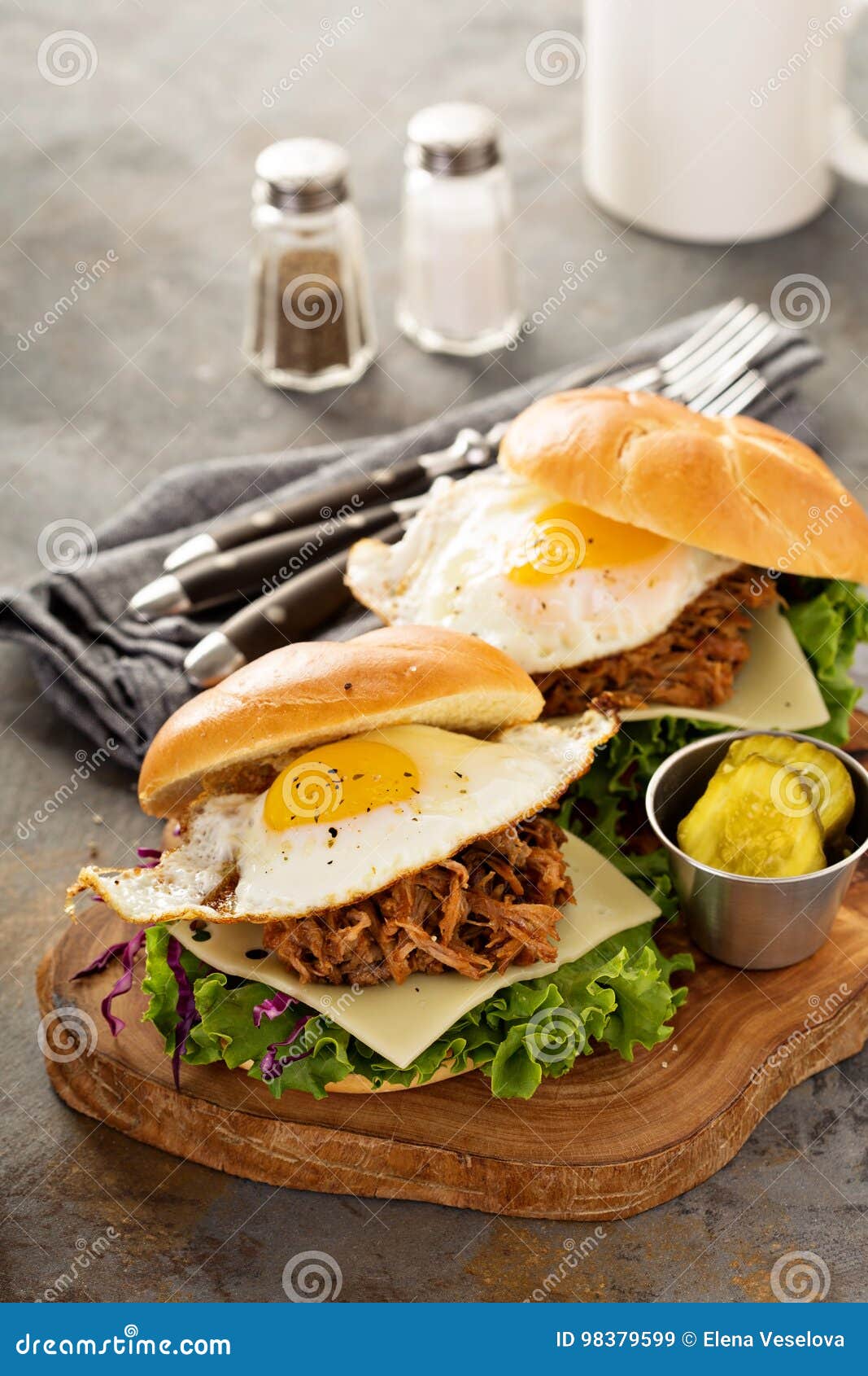 Pulled Pork Breakfast Sandwiches with Fried Egg Stock Image - Image of ...