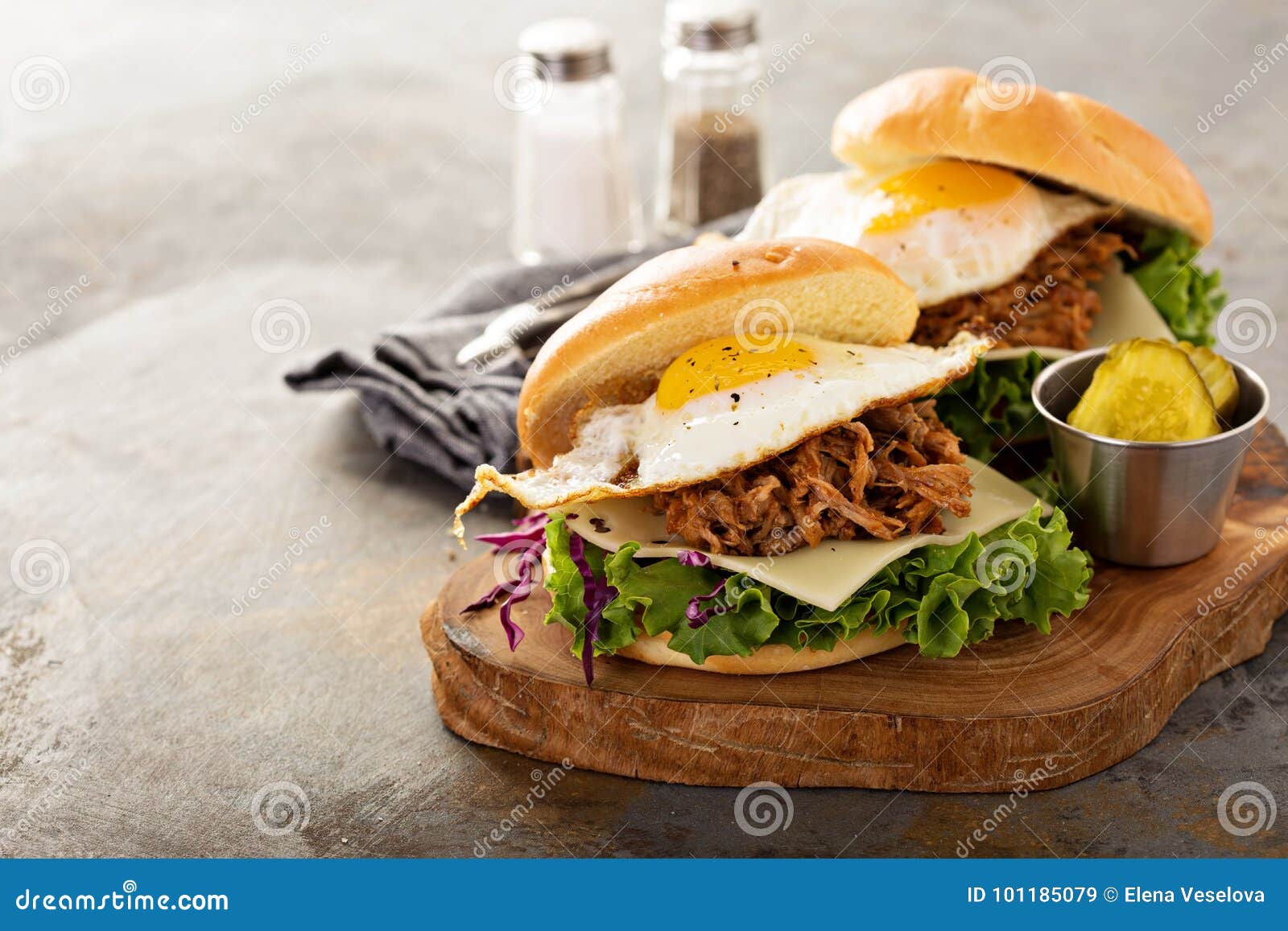 Pulled Pork Breakfast Sandwiches with Fried Egg Stock Image - Image of ...